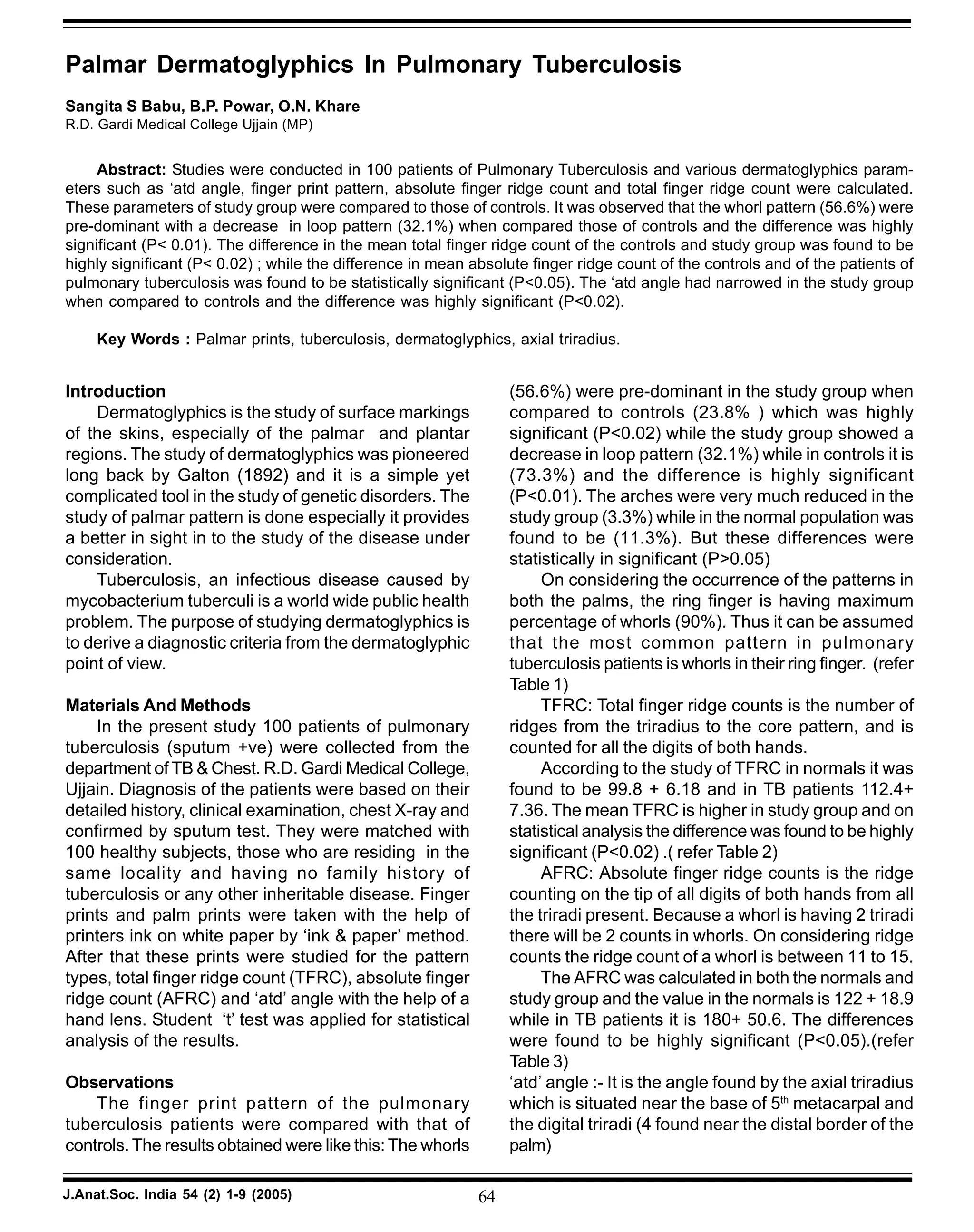 Dermatoglyphics in pulmonary tuberculosis | PDF