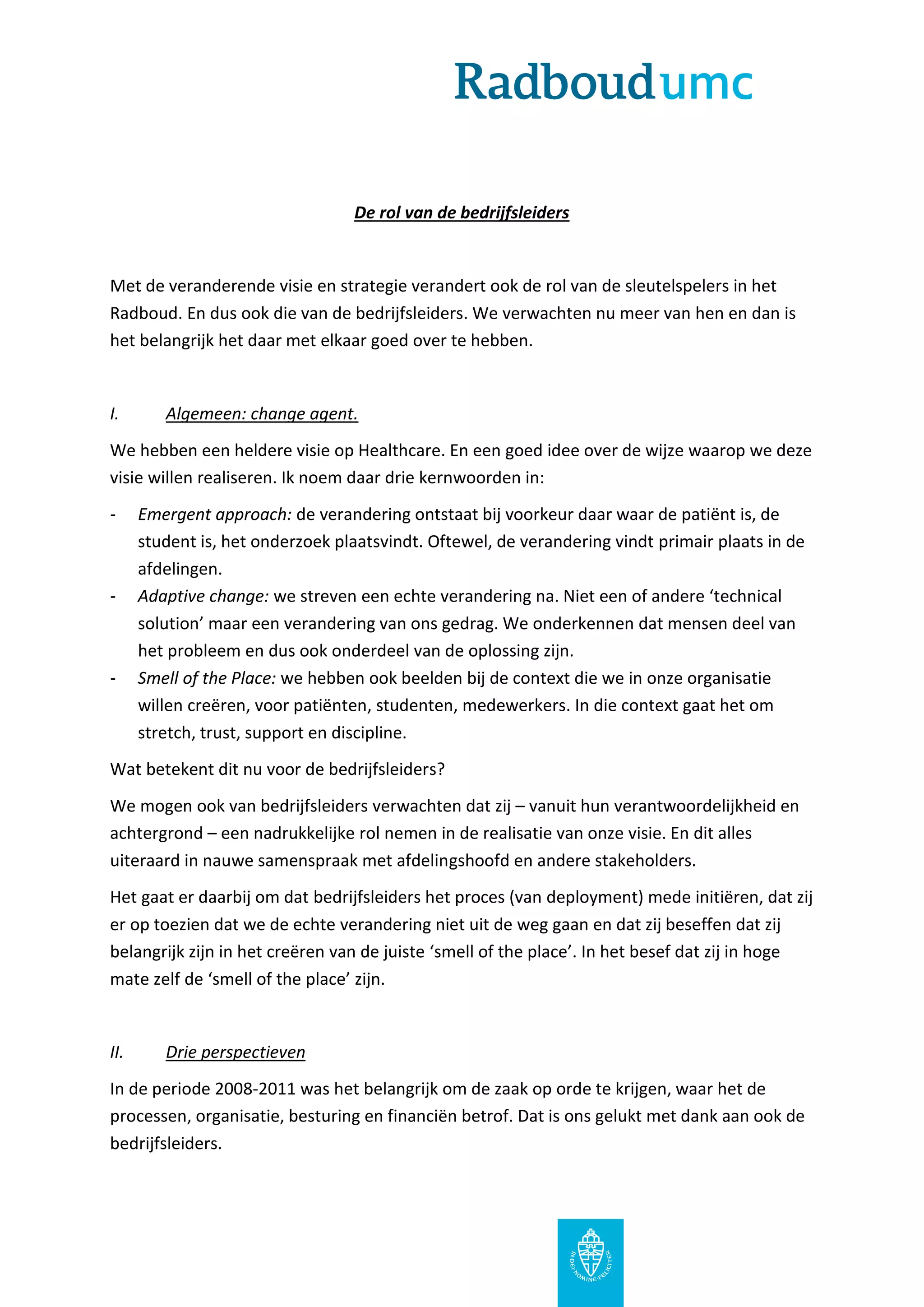 De rol van de bedrijfsleider in het radboudumc | PDF