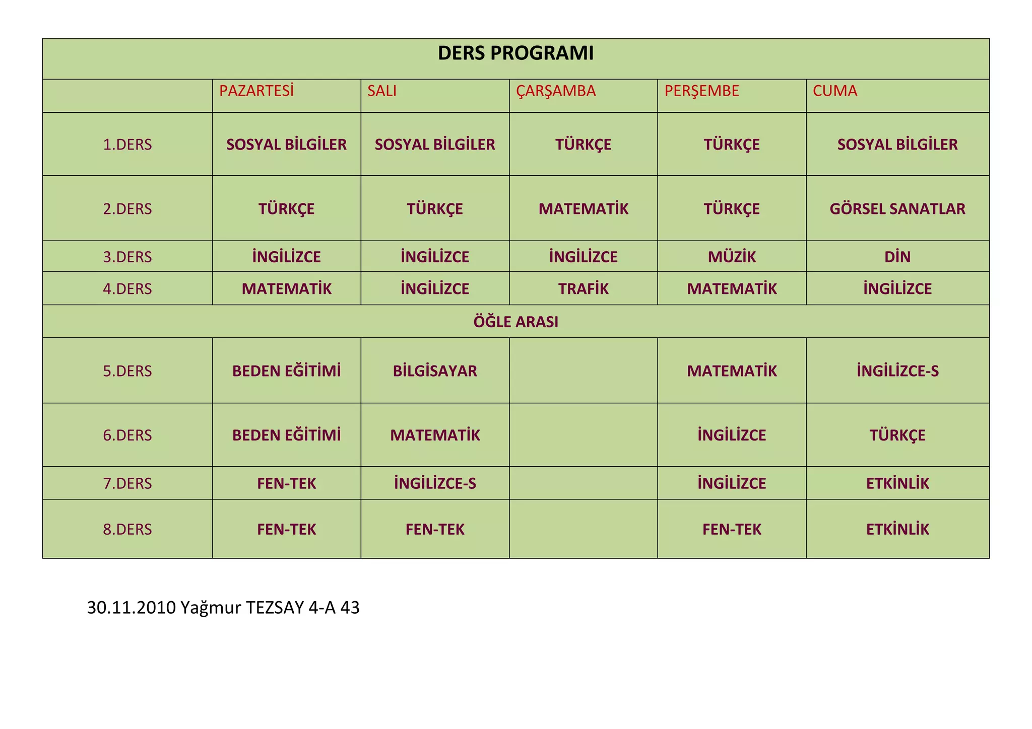 Ders programi | DOCX