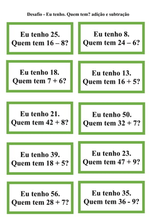 Desafio - Eu tenho. Quem tem? adição e subtração | PDF