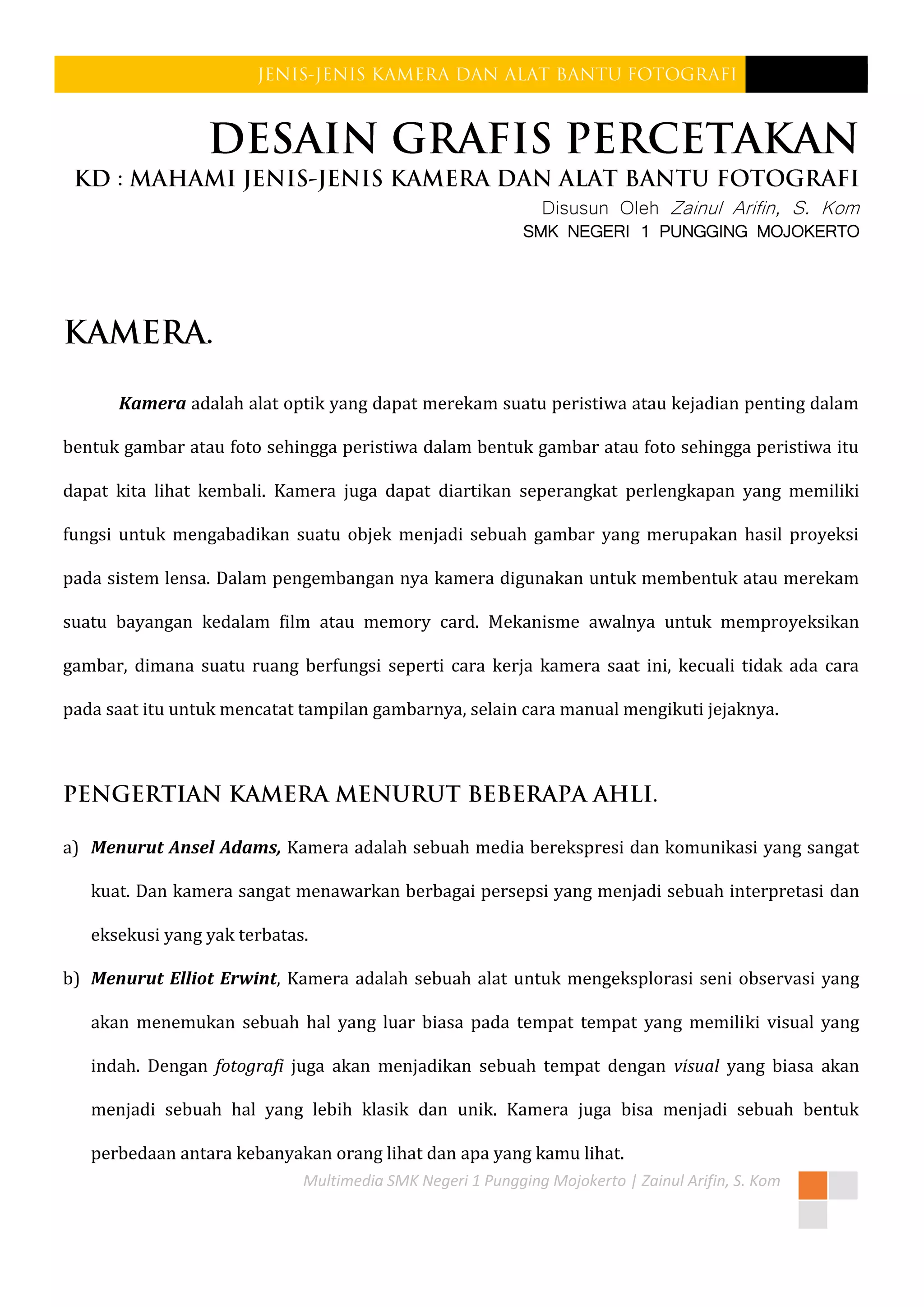 Desain grafis percetakan memahami jenis jenis kamera dan alat bantu fotografi | PDF