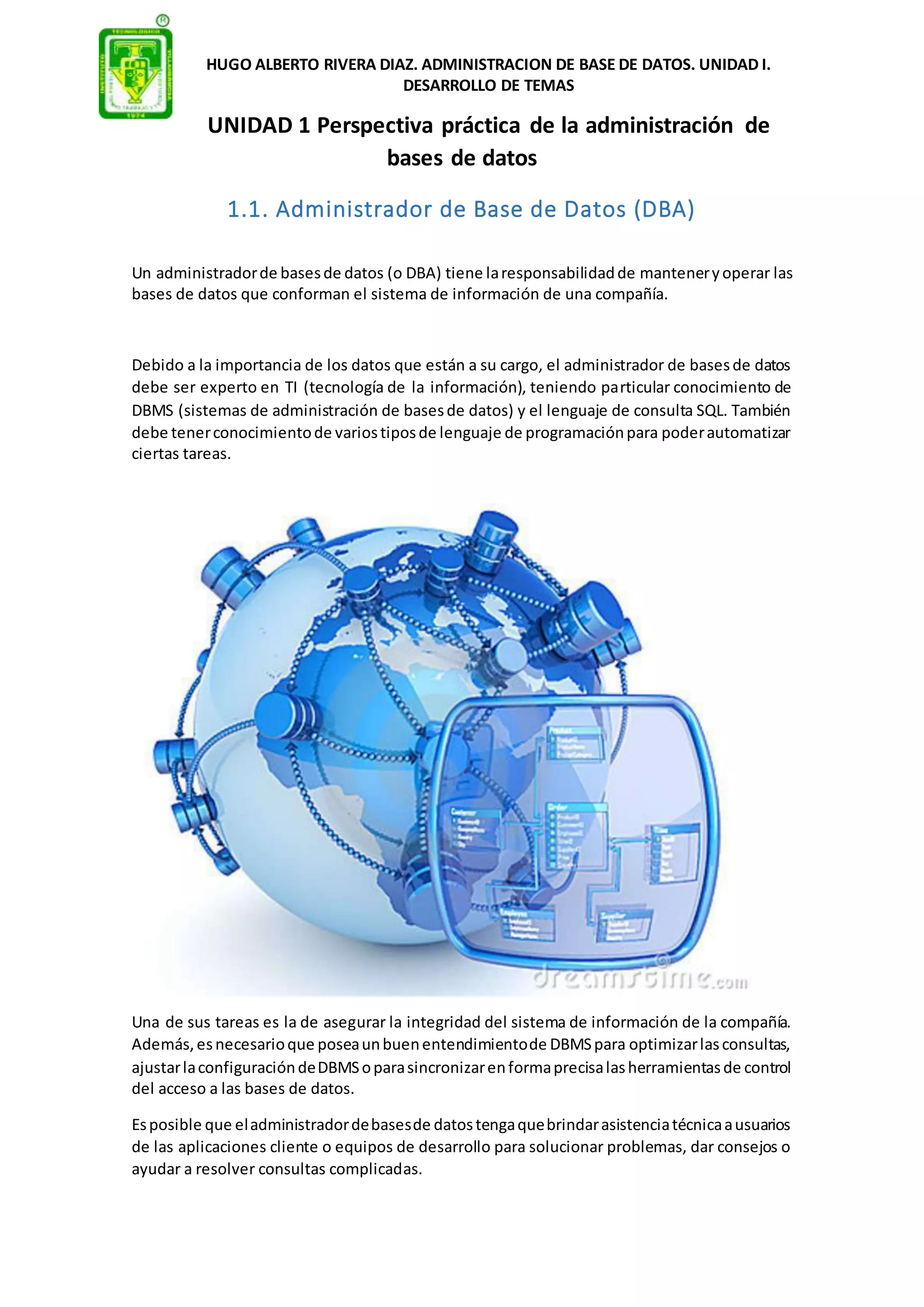 ADMINISTRACION DE BASE DE DATOS UNIDAD 1 | DOCX