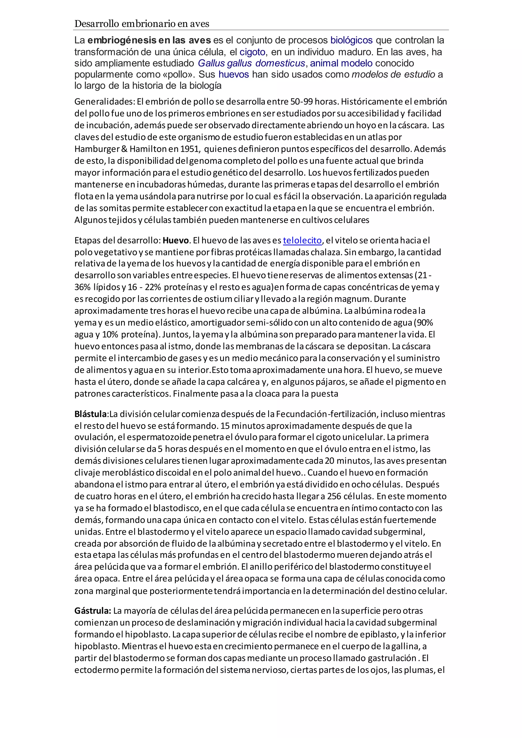 Desarrollo embrionario en aves | DOCX
