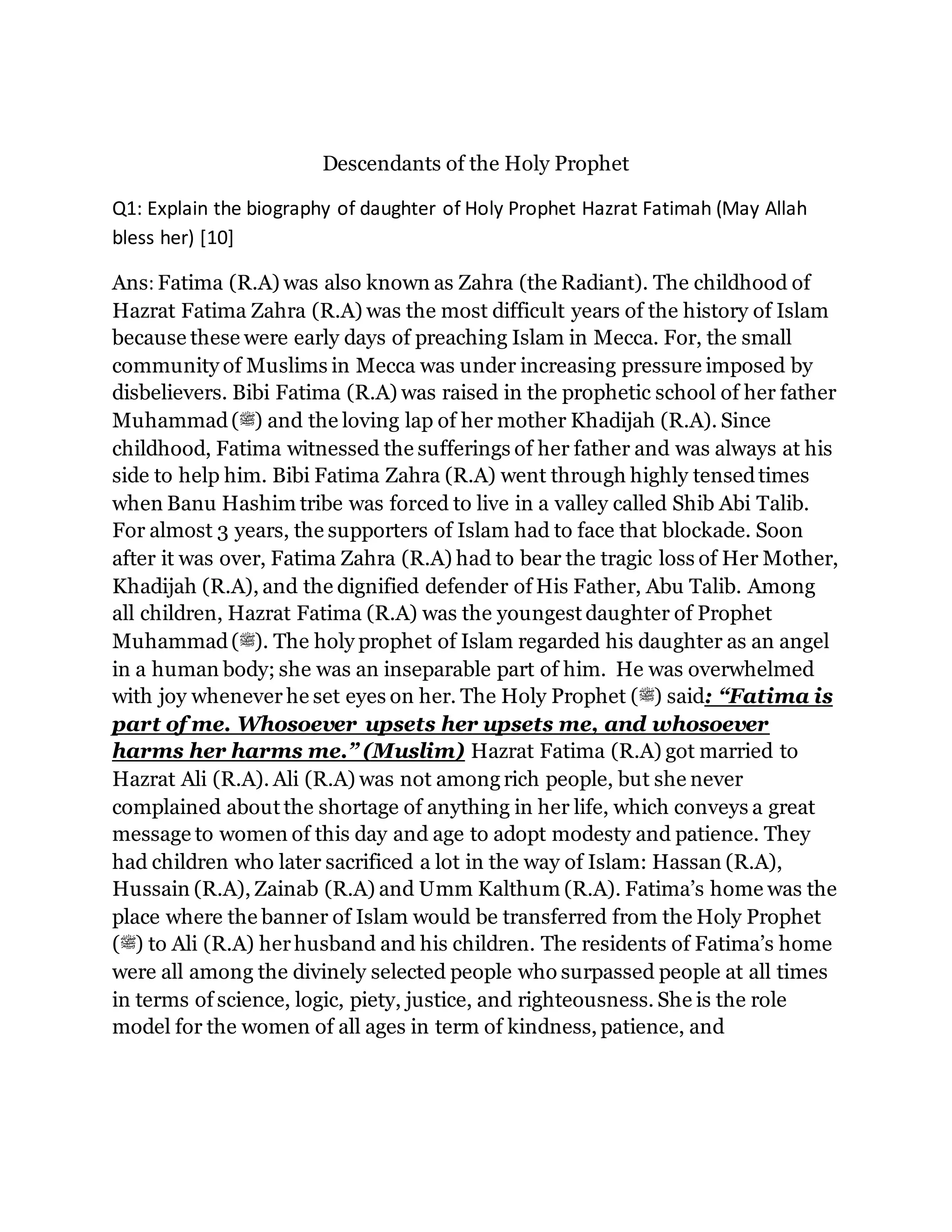 Descendants of the holy prophet (islamiat) | DOCX