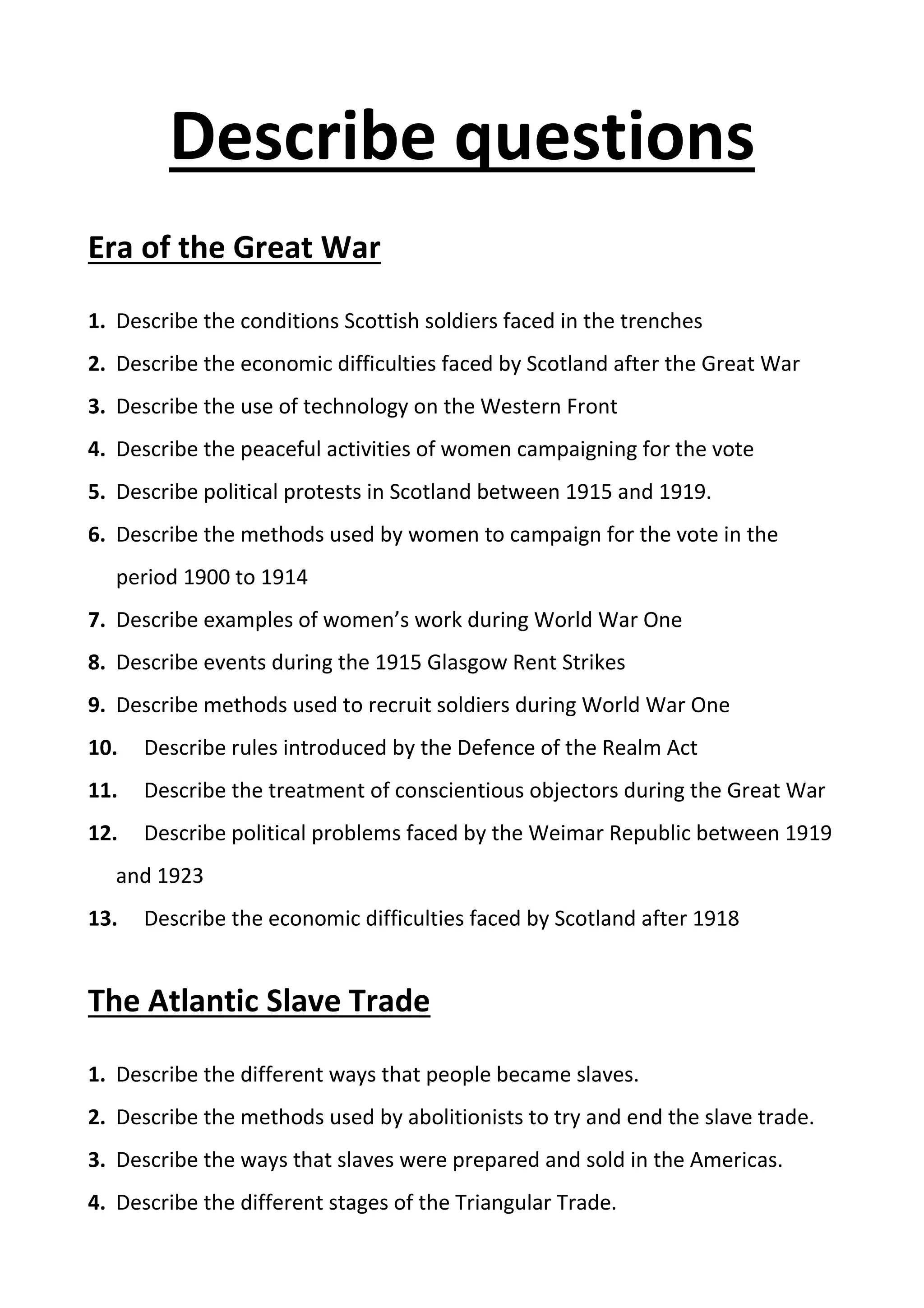 Example National 5 History questions - Describe | PDF
