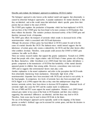 Describe and evaluate the biological approach to explaining ocd | DOCX ...