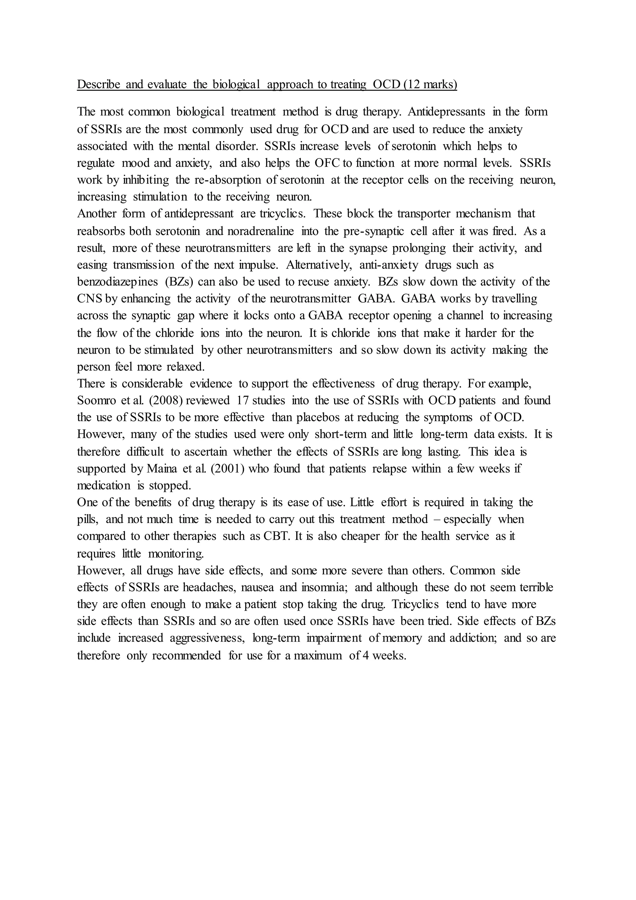 Describe and evaluate the biological approach to treating ocd | DOCX