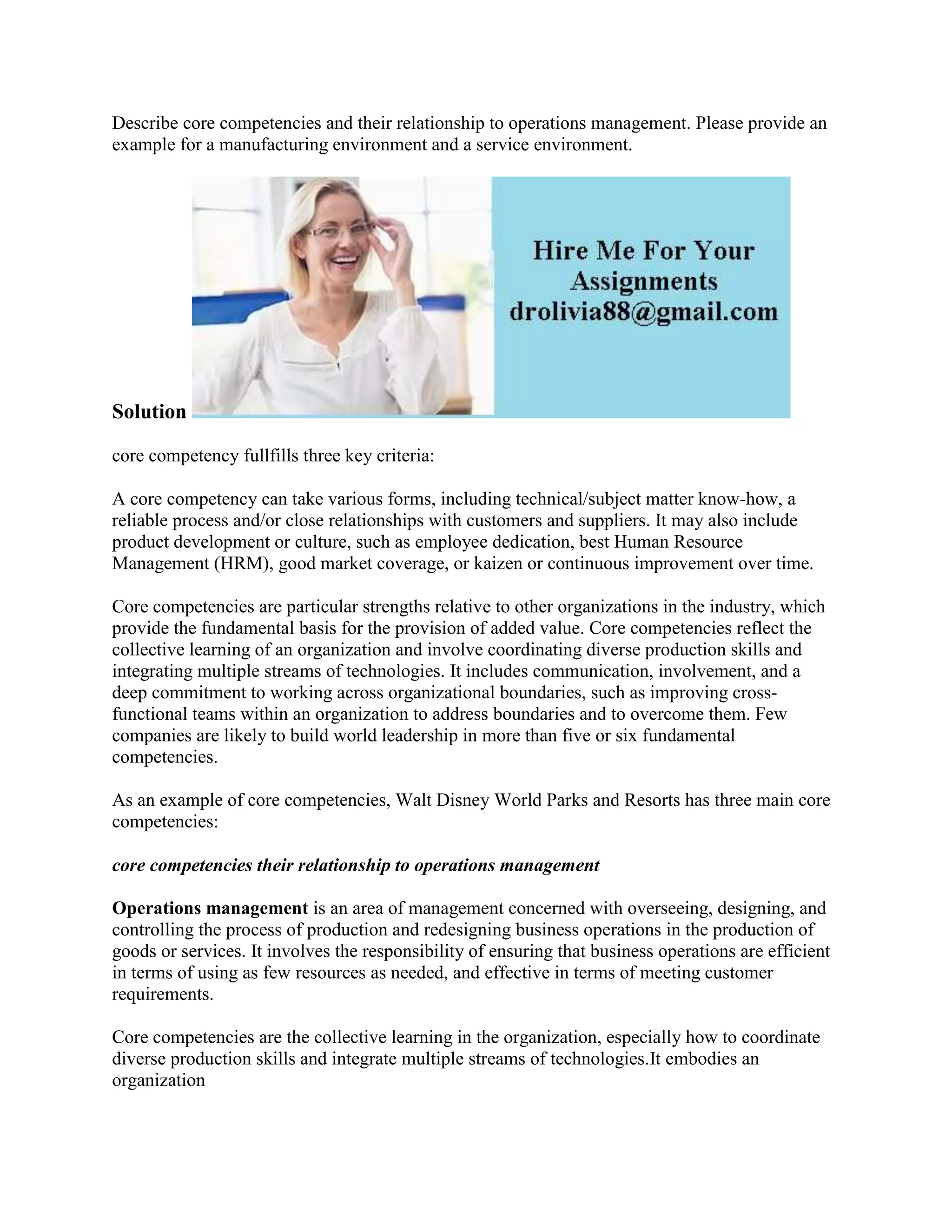 Describe core competencies and their relationship to operations manage ...