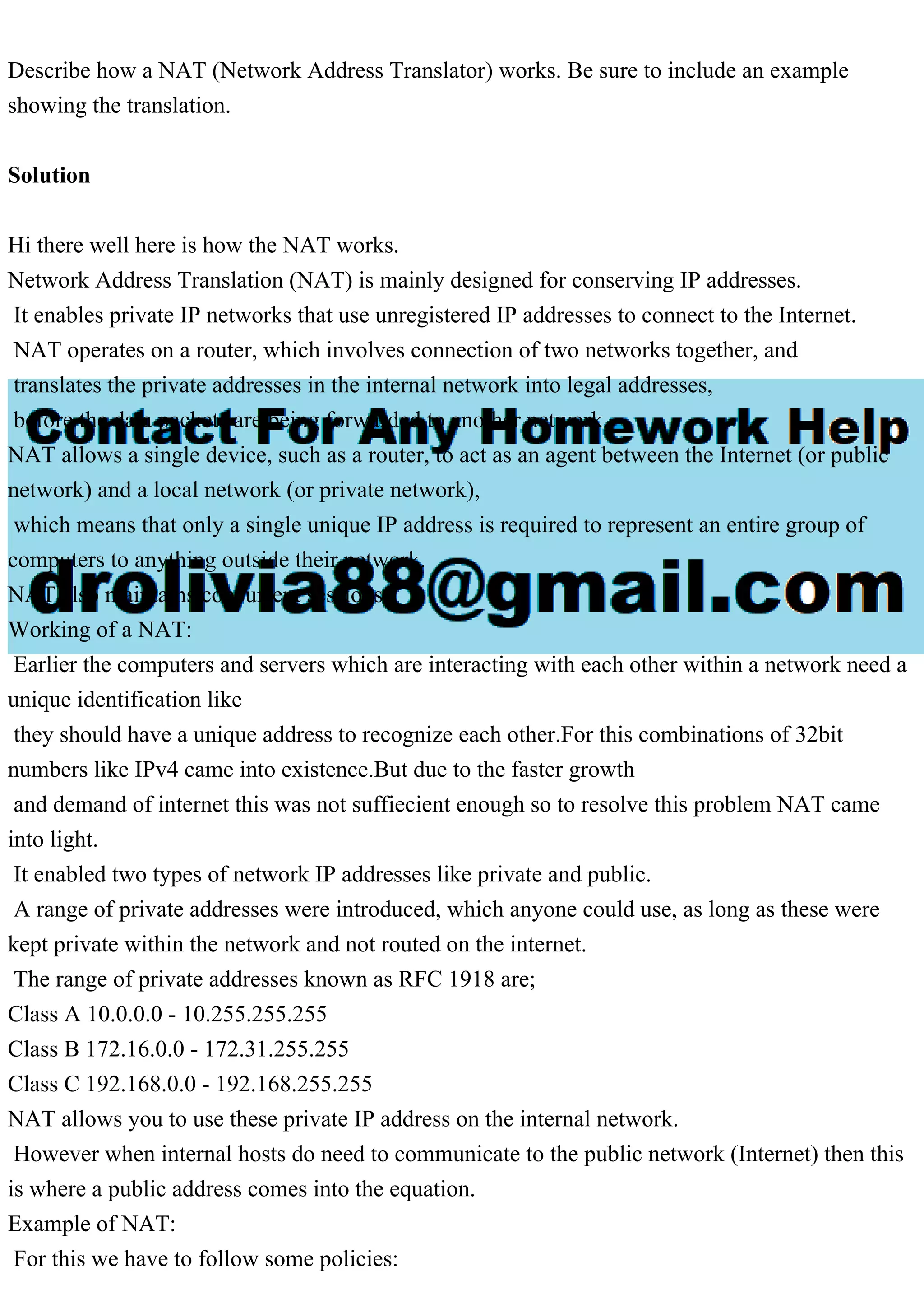 Describe how a NAT (Network Address Translator) works. Be sure to in.pdf