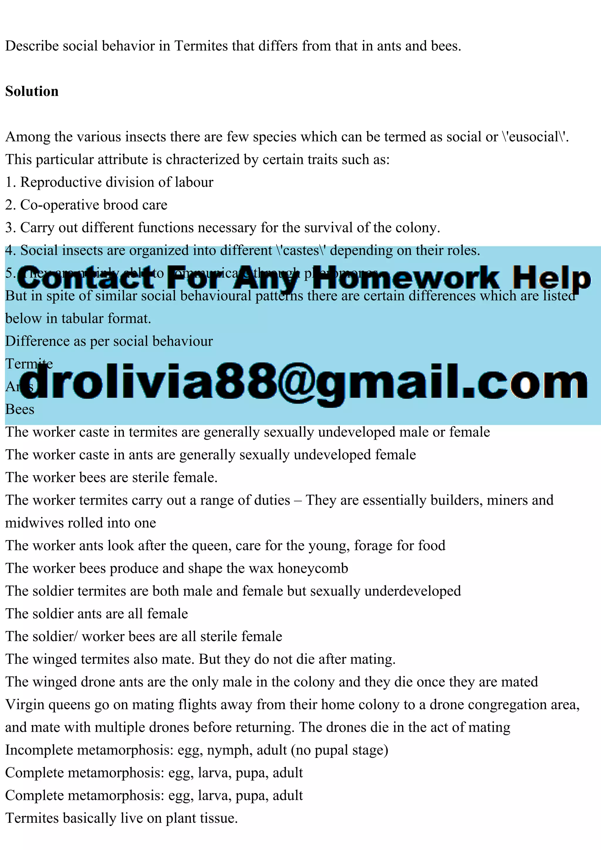 Describe social behavior in Termites that differs from that in ants .pdf