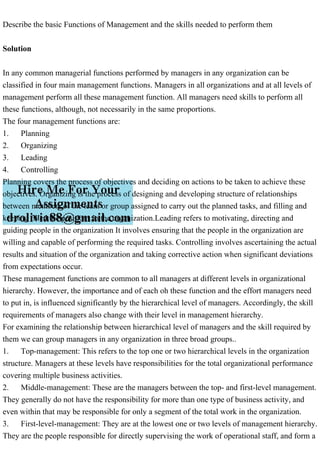 Describe the basic Functions of Management and the skills needed to .pdf
