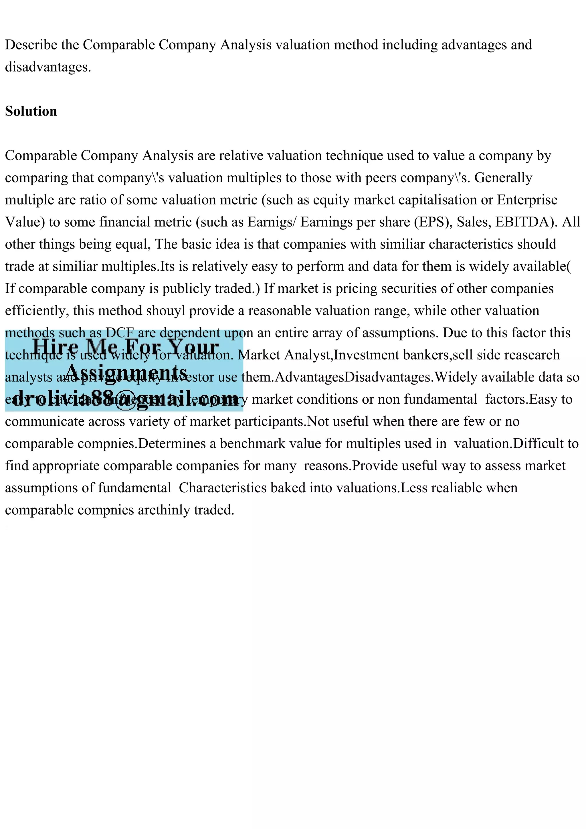 Describe the Comparable Company Analysis valuation method including .pdf
