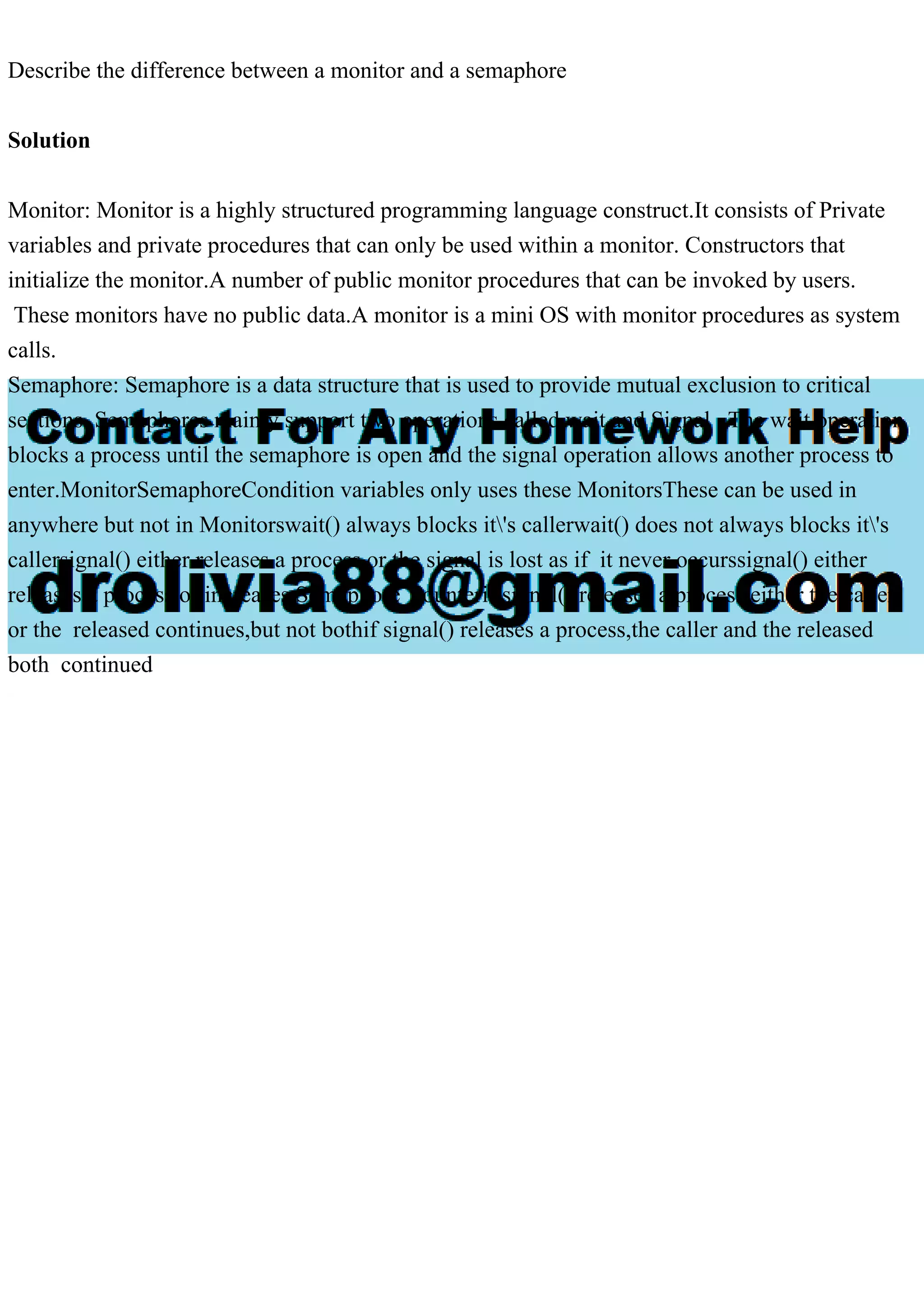 Describe the difference between a monitor and a semaphoreSolutio.pdf