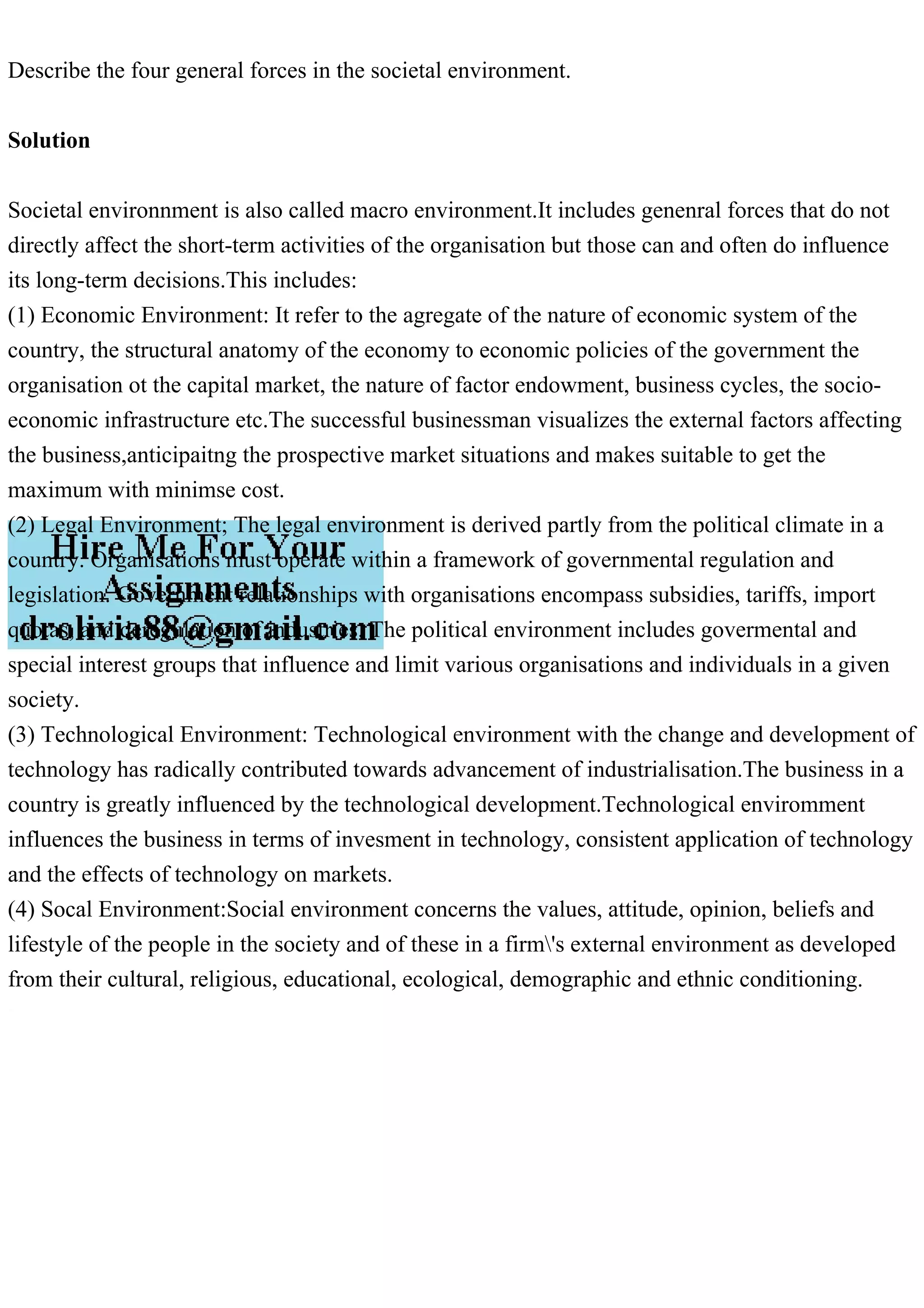 Describe the four general forces in the societal environment.Sol.pdf
