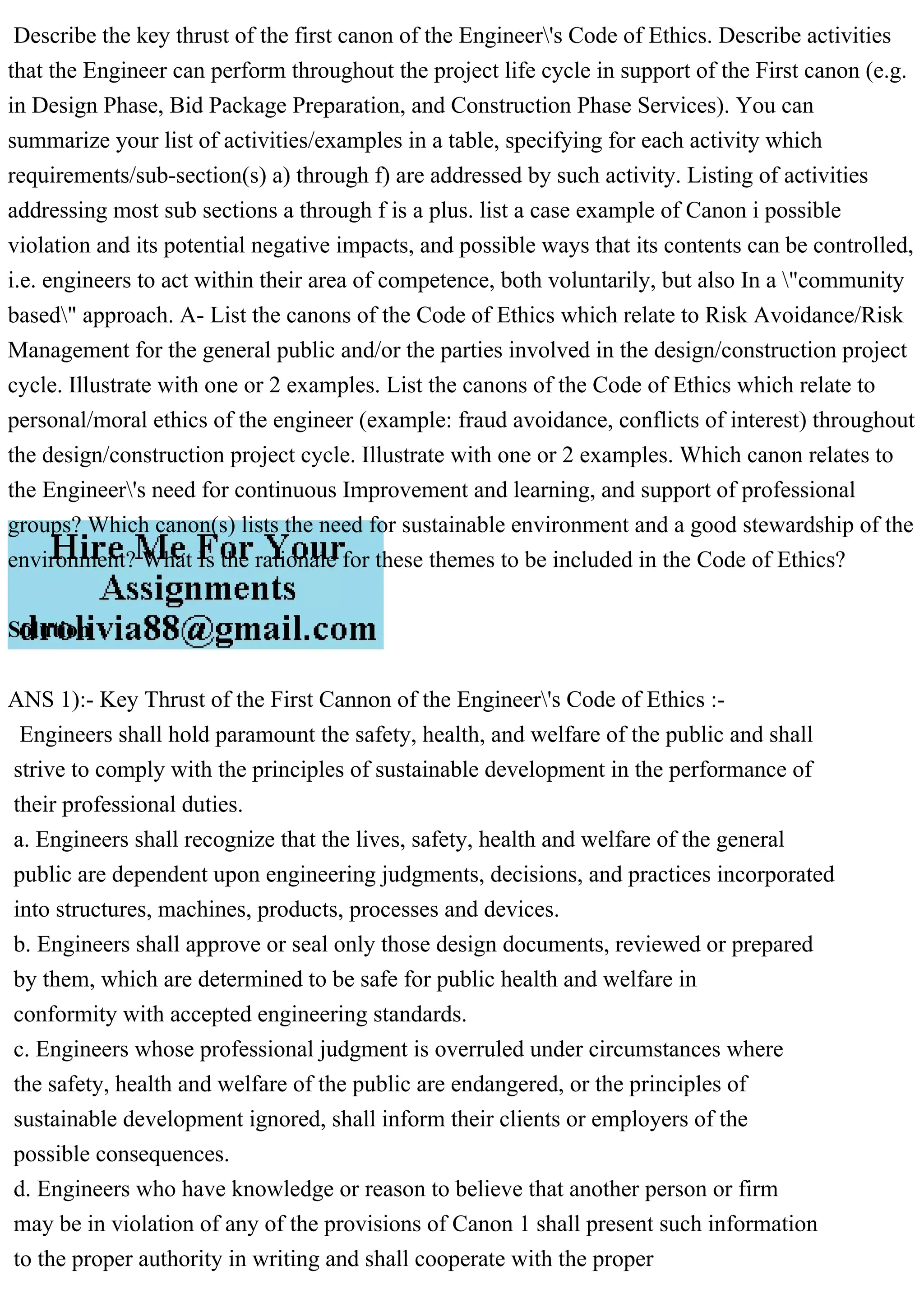 Describe the key thrust of the first canon of the Engineers Code of.pdf