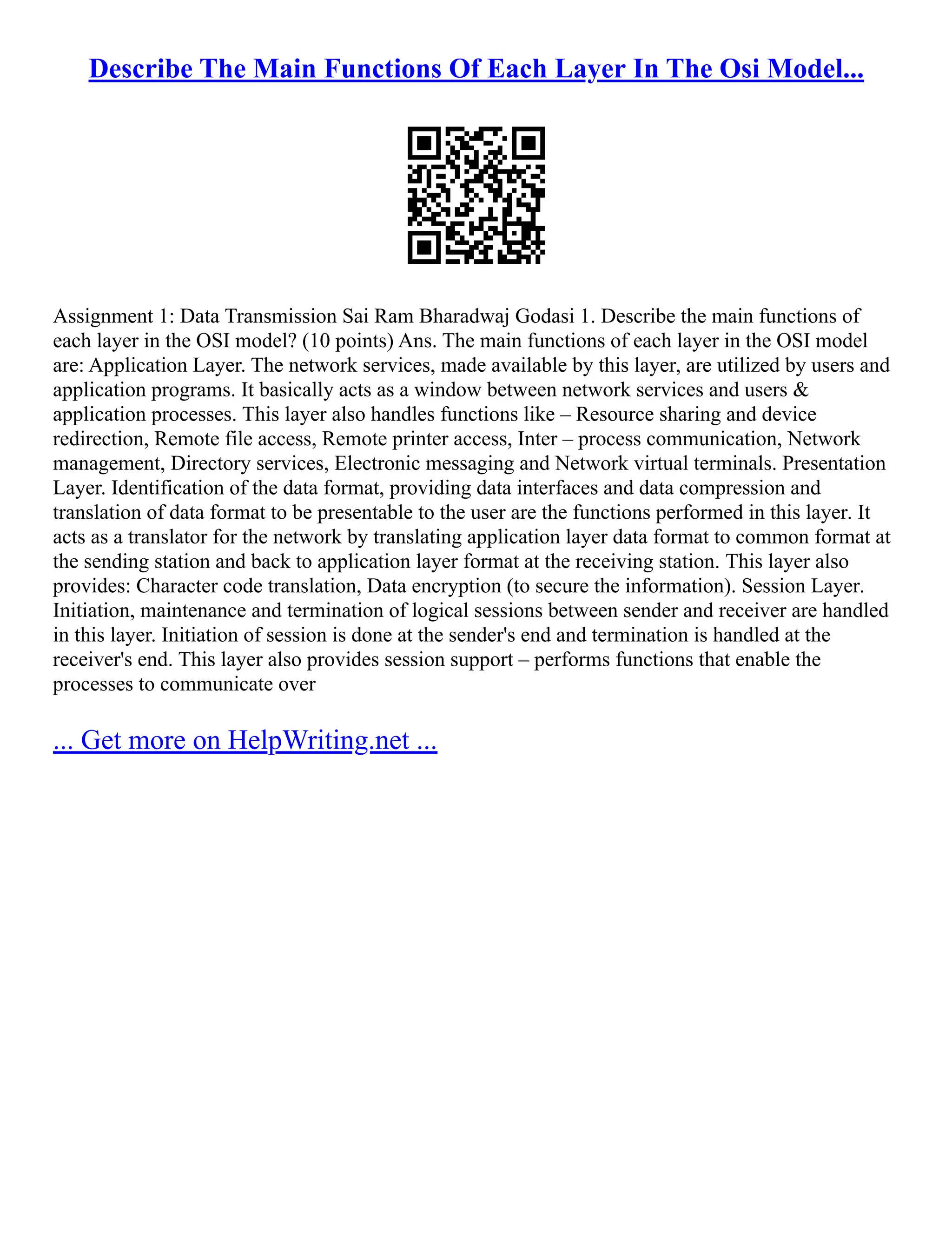 Describe The Main Functions Of Each Layer In The Osi Model... | PDF ...