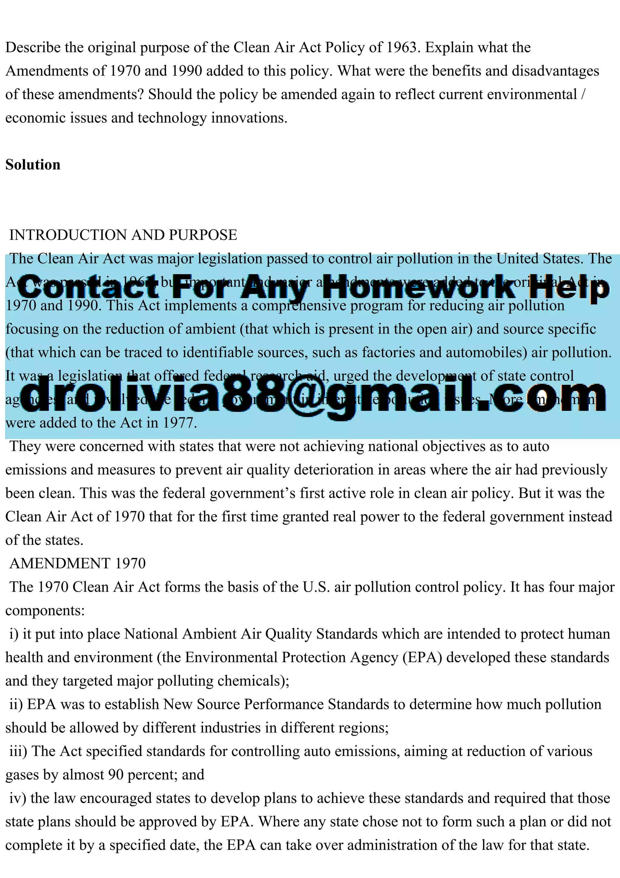 Describe the original purpose of the Clean Air Act Policy of 1963. E.pdf