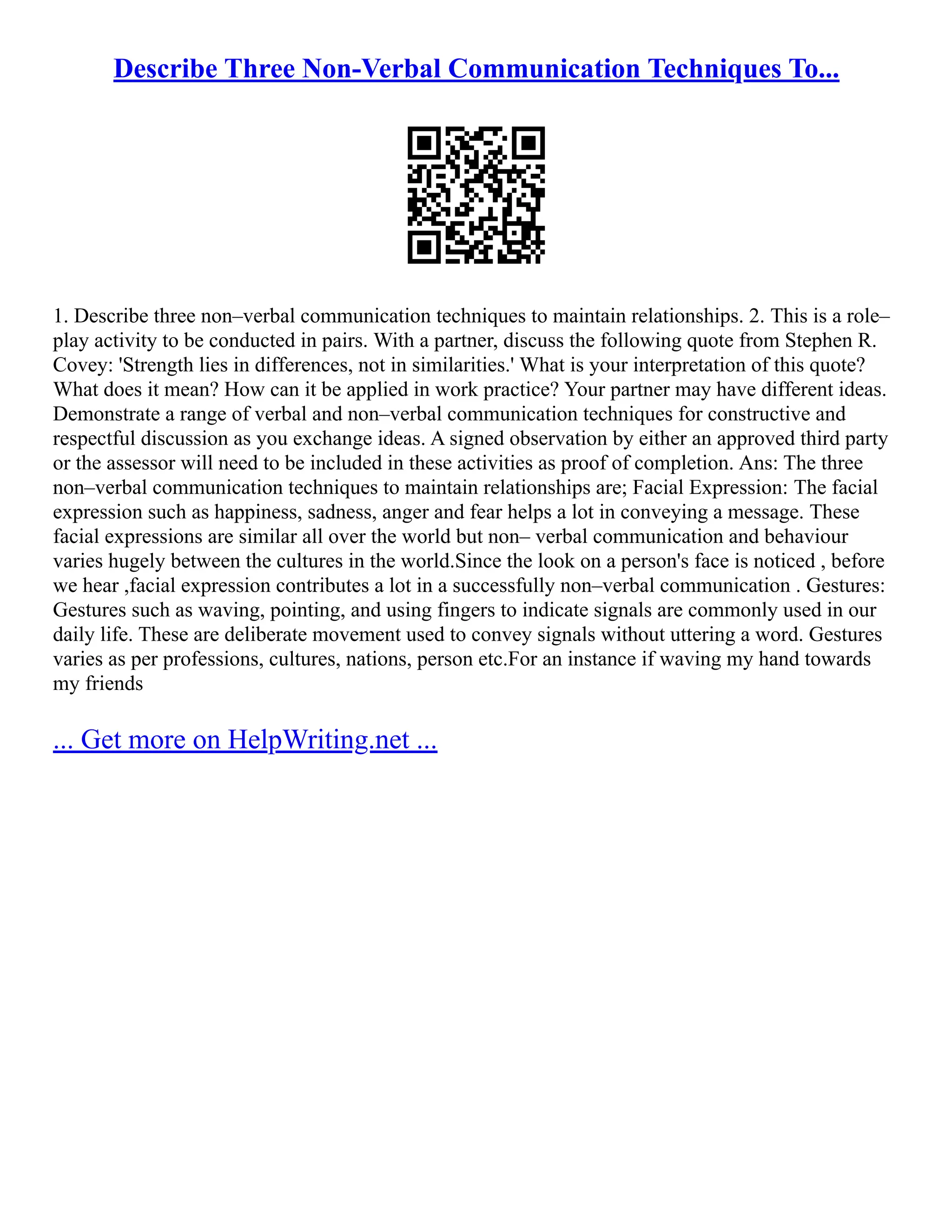 Describe Three Non-Verbal Communication Techniques To... | PDF