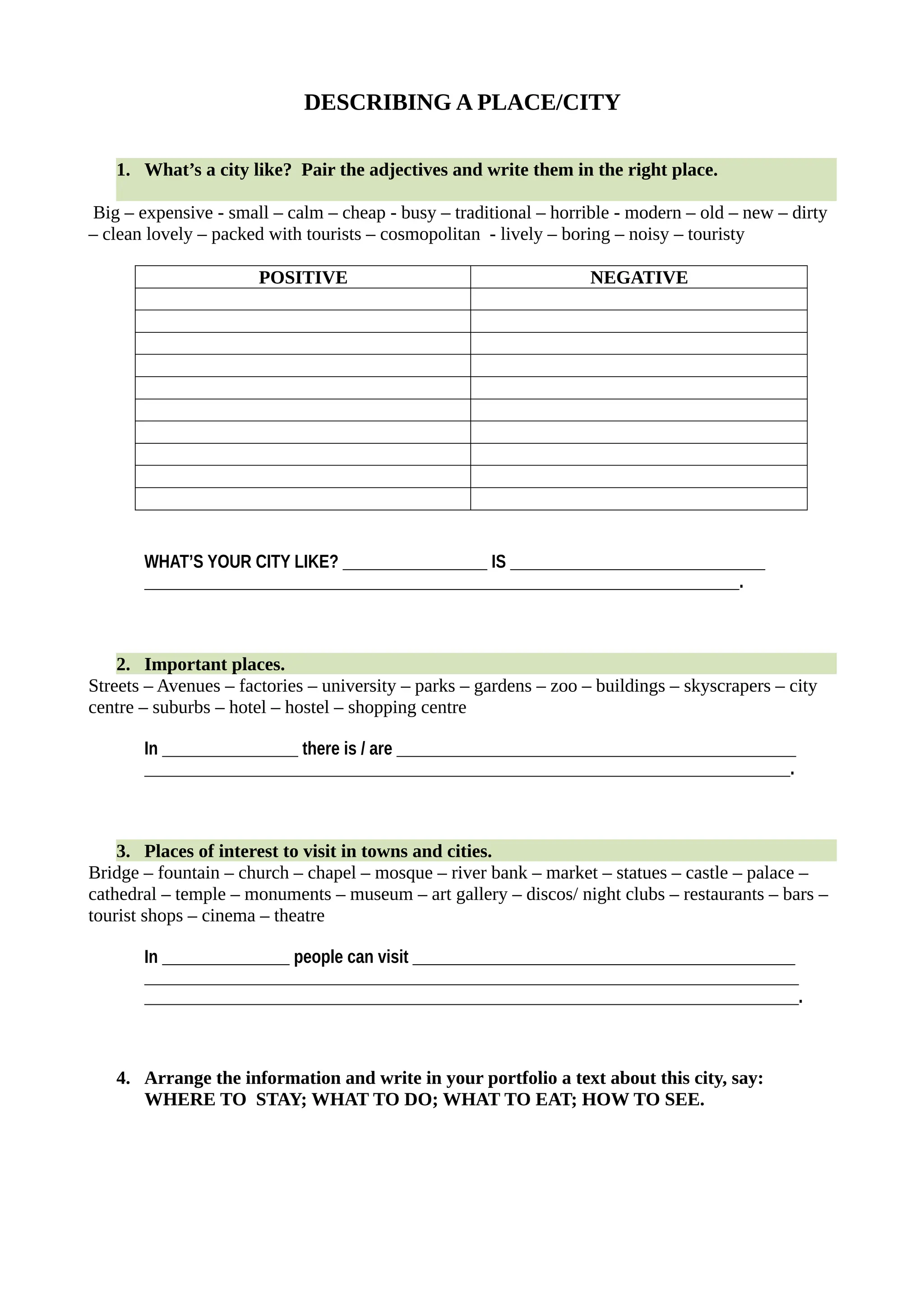 describing a city vocabulary for First Certificate | PDF