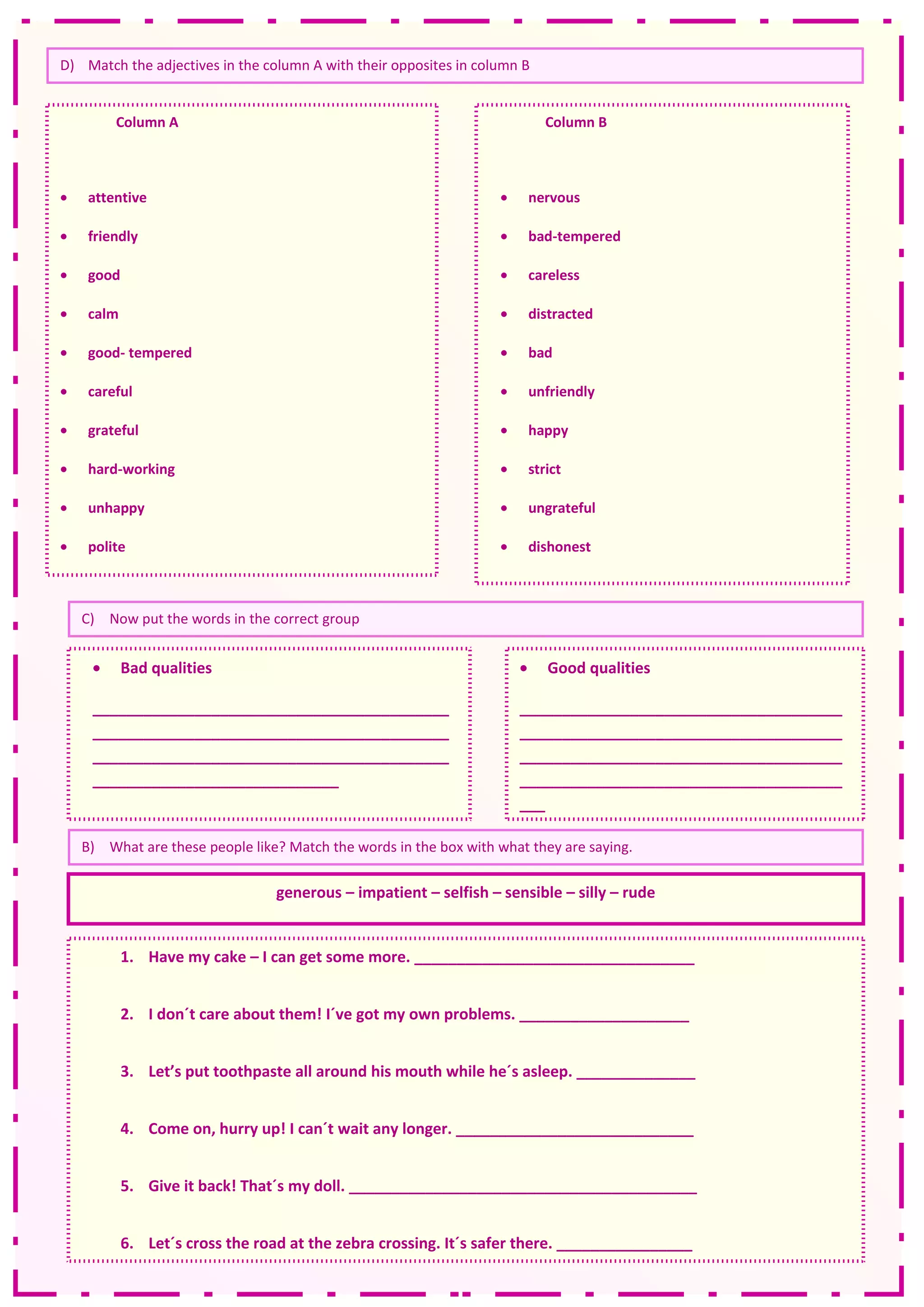 Describing Character (Exercises) | DOC