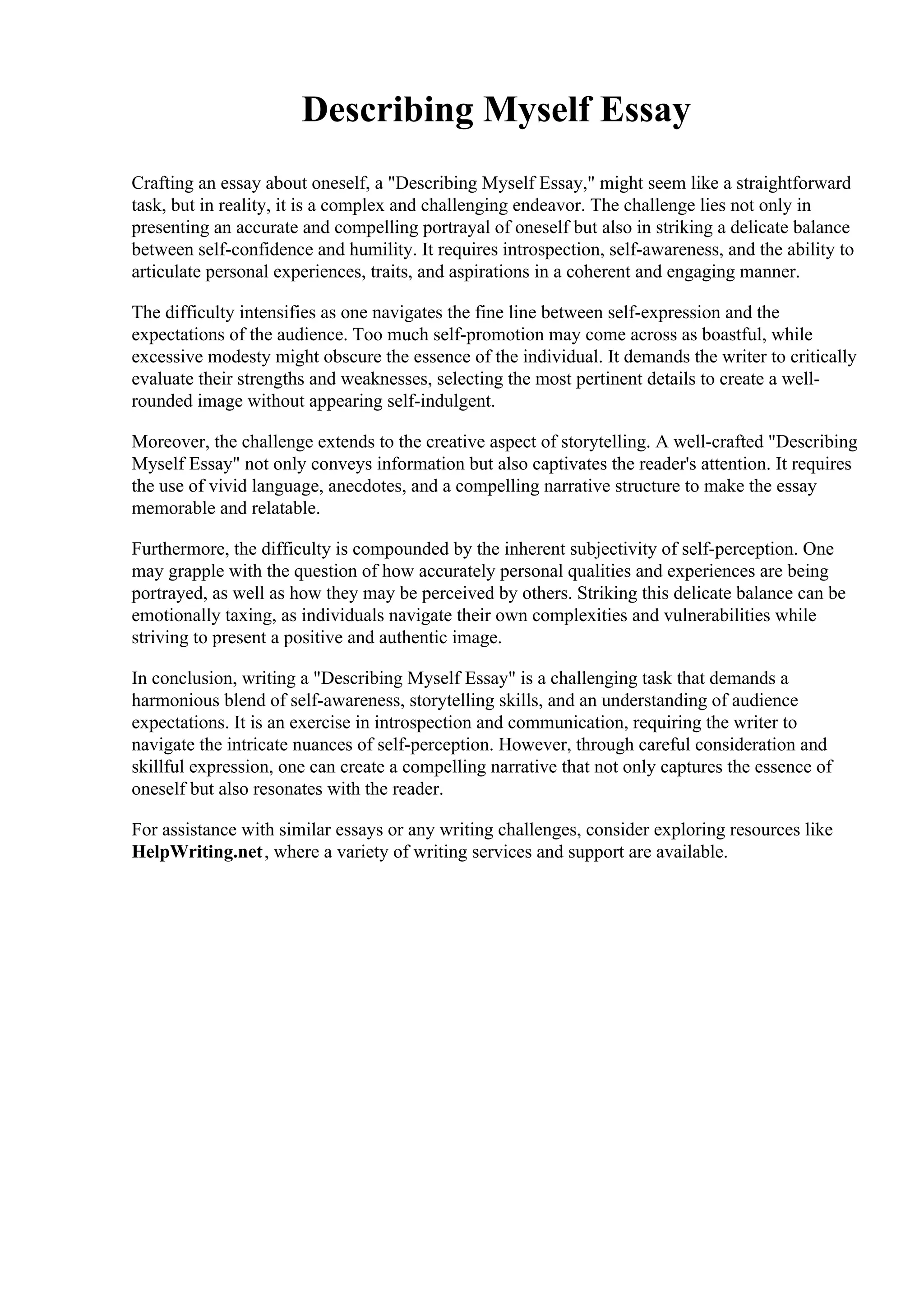 Describing Myself Essay. Carlow University | PDF