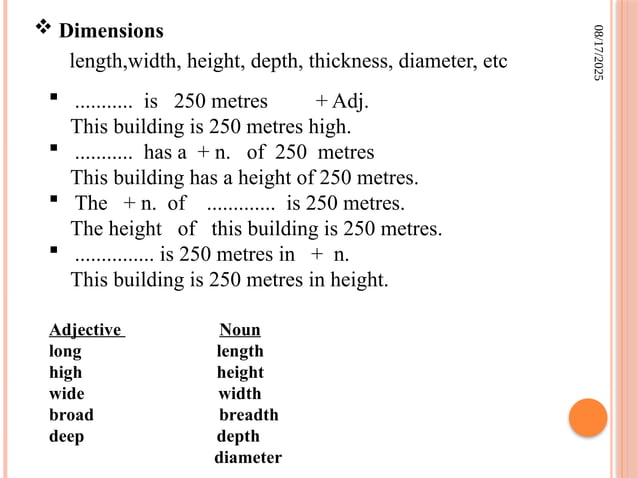 Describing Objects, shapes, and measurement | PPTX