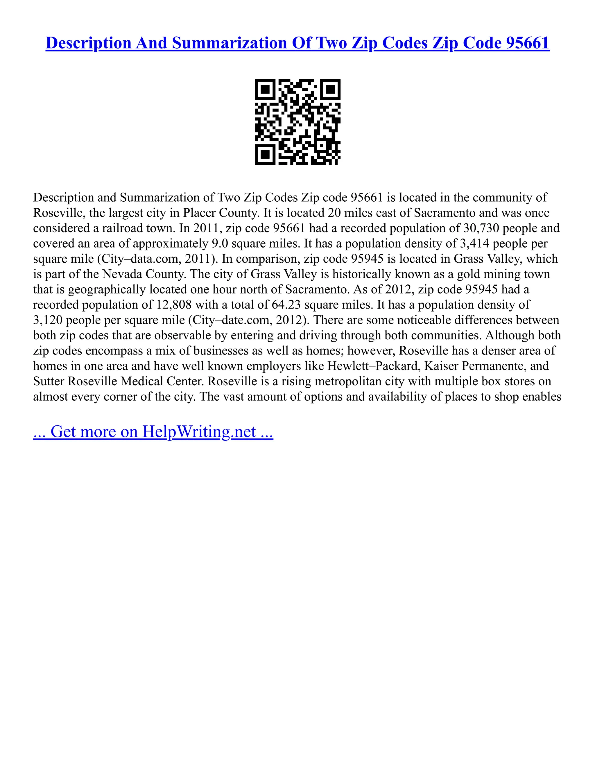 Description And Summarization Of Two Zip Codes Zip Code 95661 | PDF