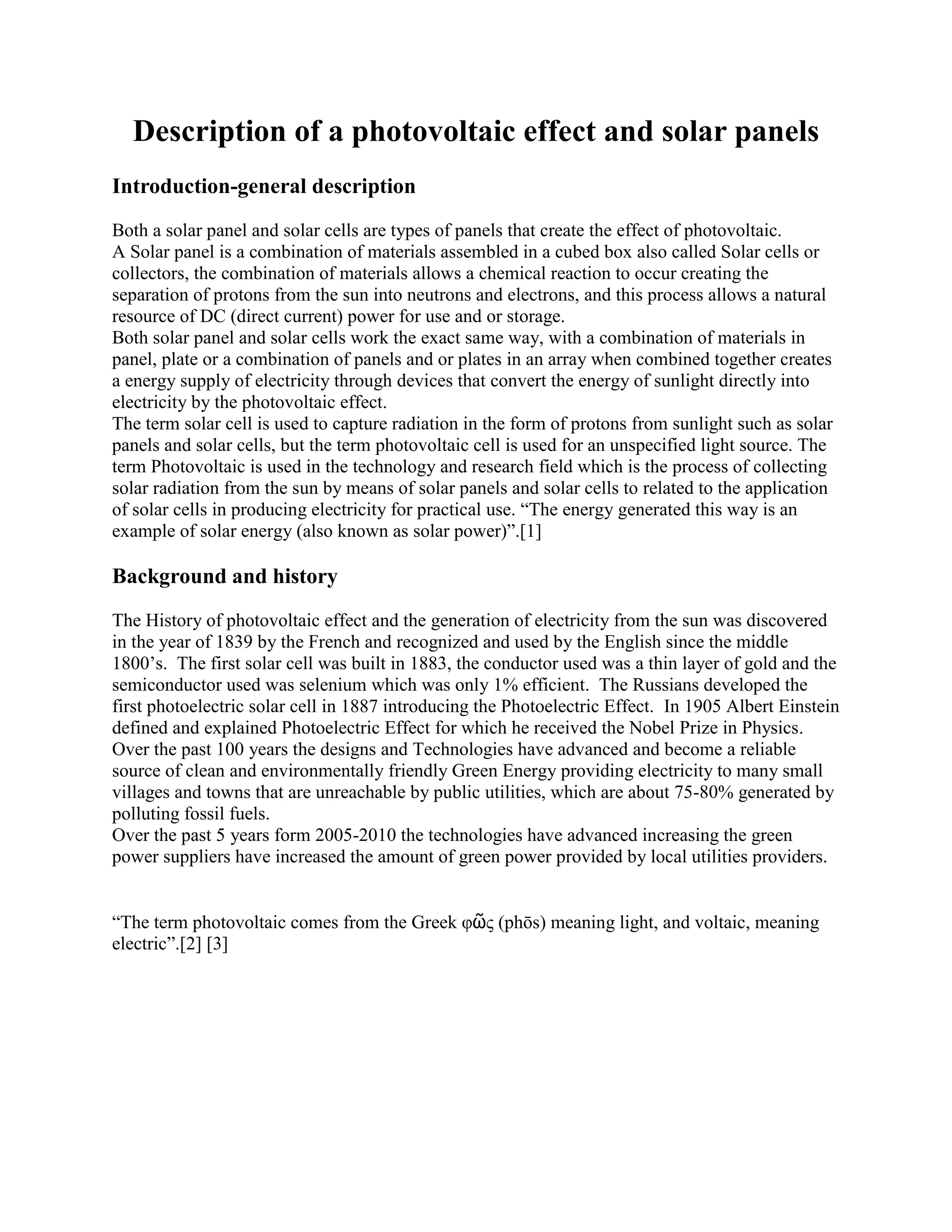 Description of a photovoltaic effect and solar panels | PDF