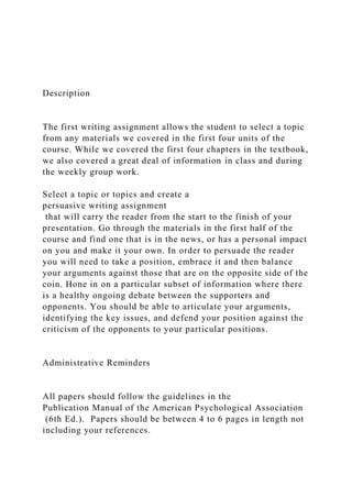 DescriptionThe first writing assignment allows the stude | PDF