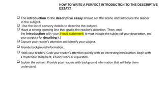Descriptive writing for grade 9 to understand the steps to write | PPTX
