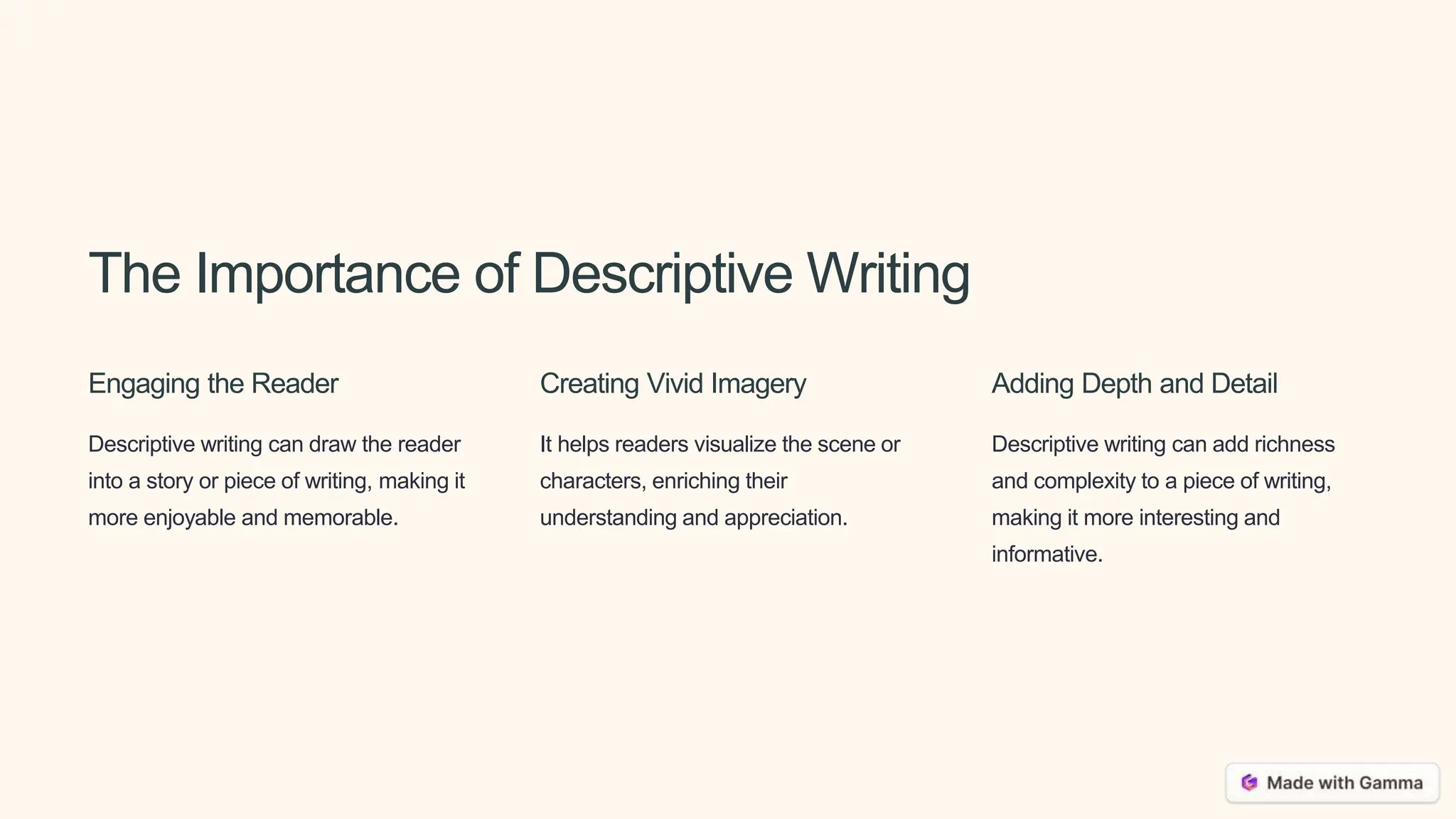 This presentation will explore the world of descriptive writing ...