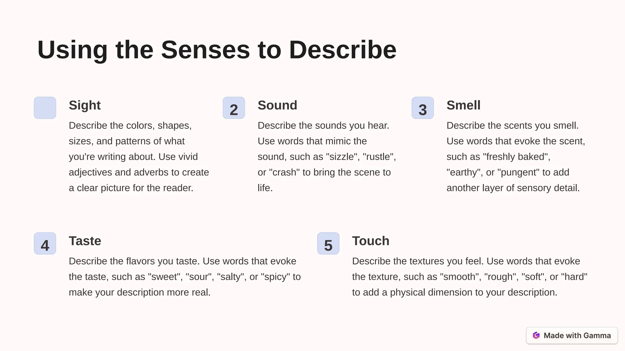 Descritpive Writing: Engage the senses to make reader clearly imagine ...