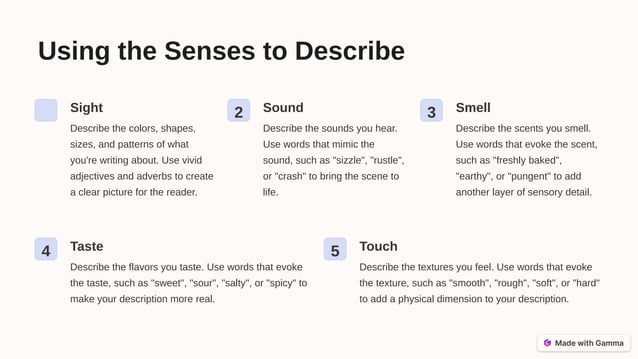 Descritpive Writing: Engage the senses to make reader clearly imagine ...