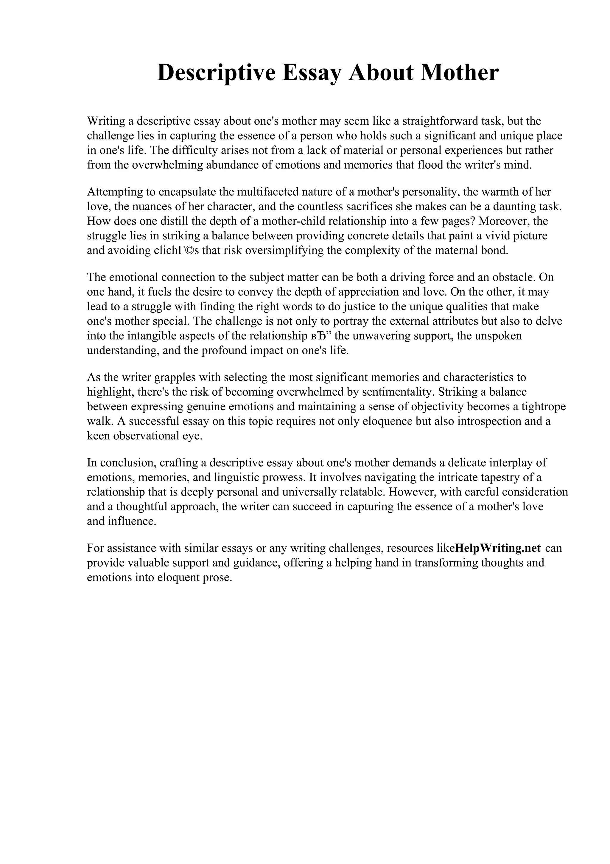 Descriptive Essay About Mother. John Witherspoon College | PDF