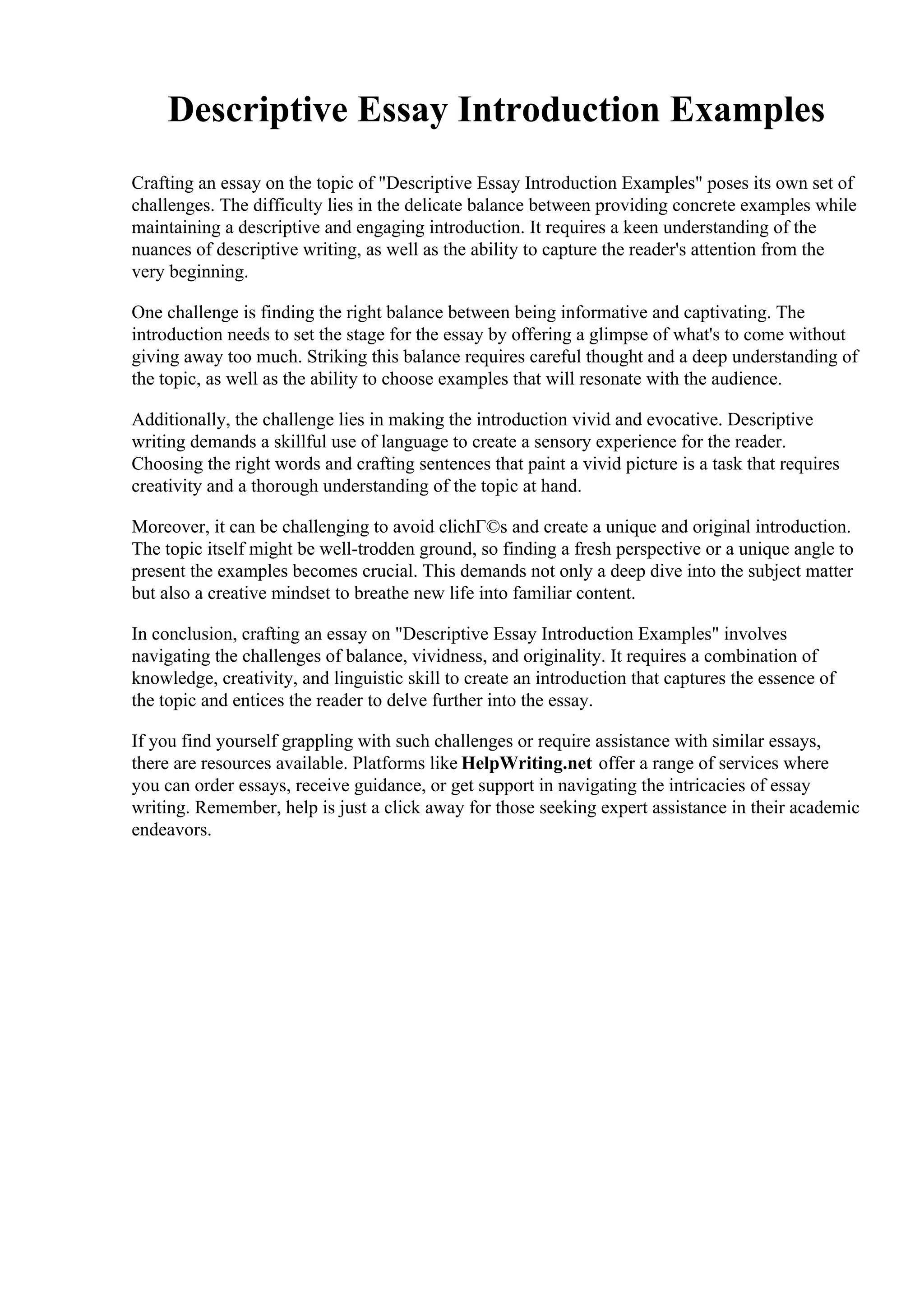 Descriptive Essay Introduction Examples | PDF