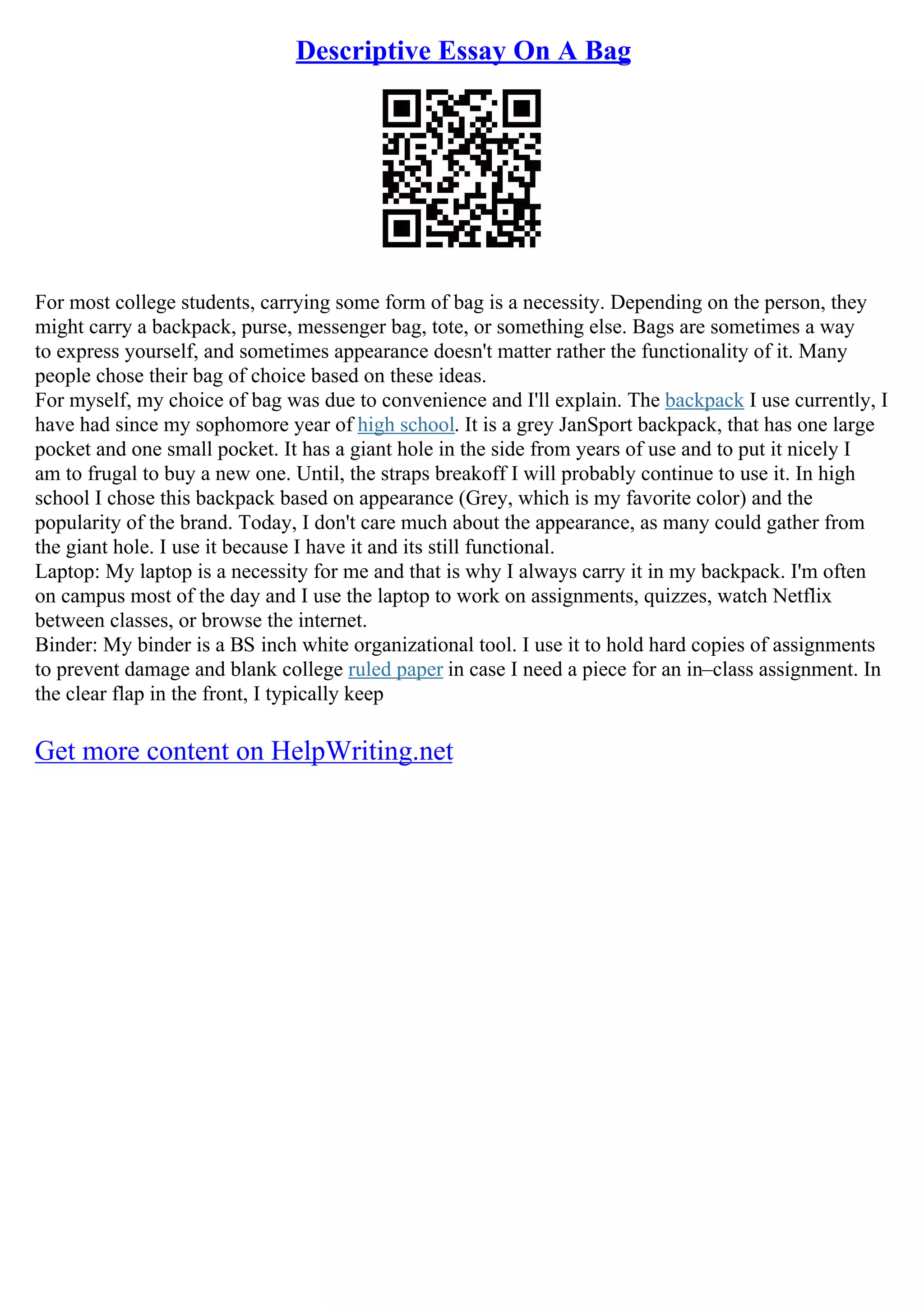 Descriptive Essay On A Bag | PDF