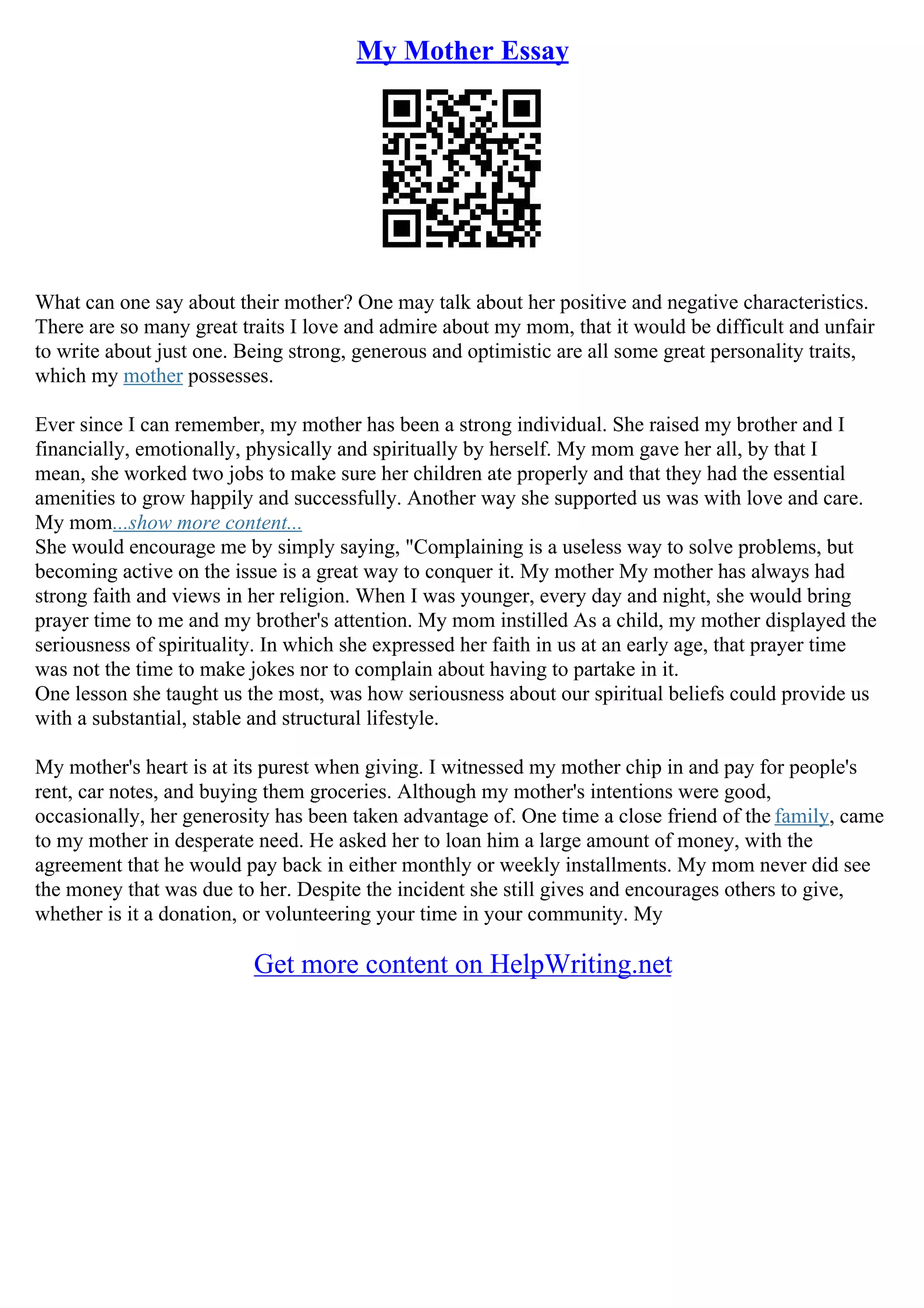 Descriptive Essay On My Mother | PDF