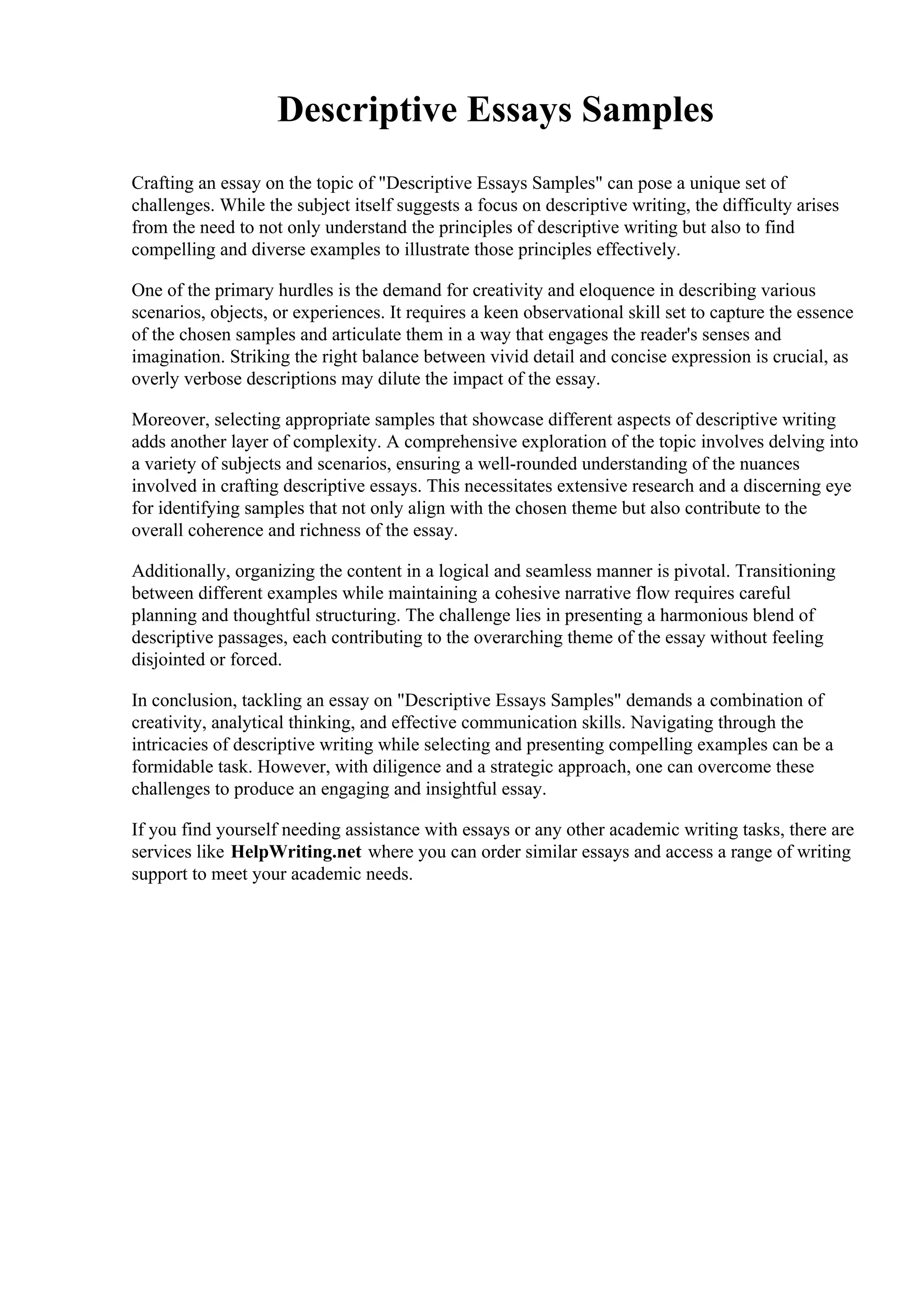 Descriptive Essays Samples. Williams College | PDF