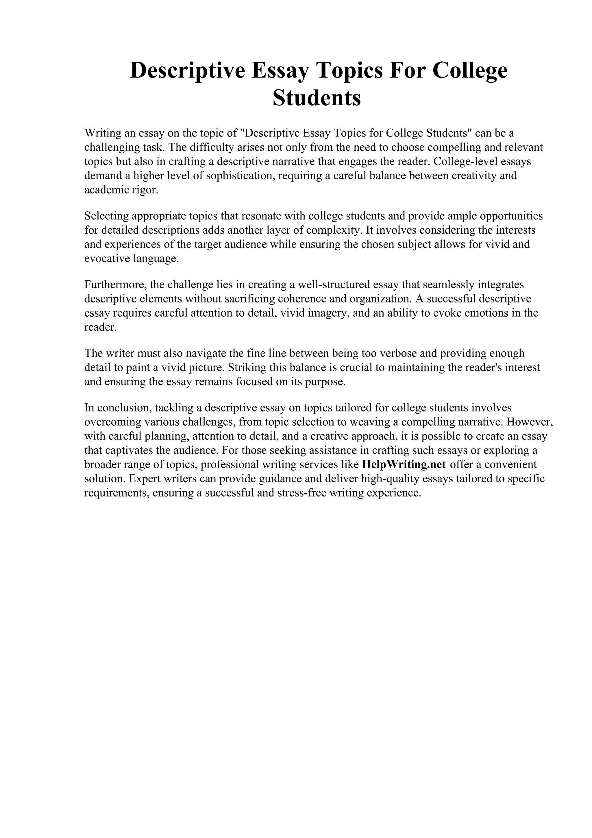 Descriptive Essay Topics For College Students | PDF