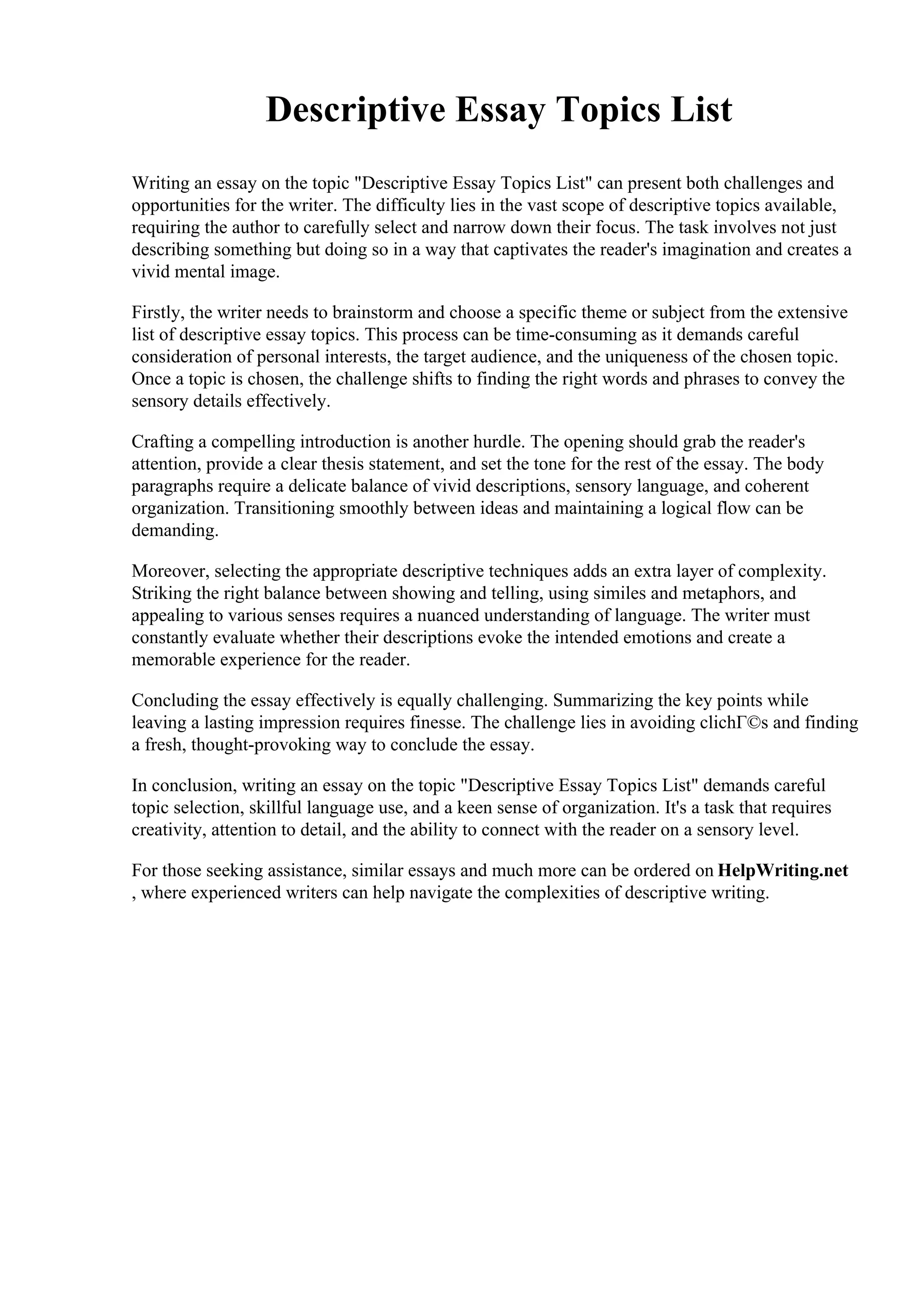 Descriptive Essay Topics List. Discovery Community College | PDF