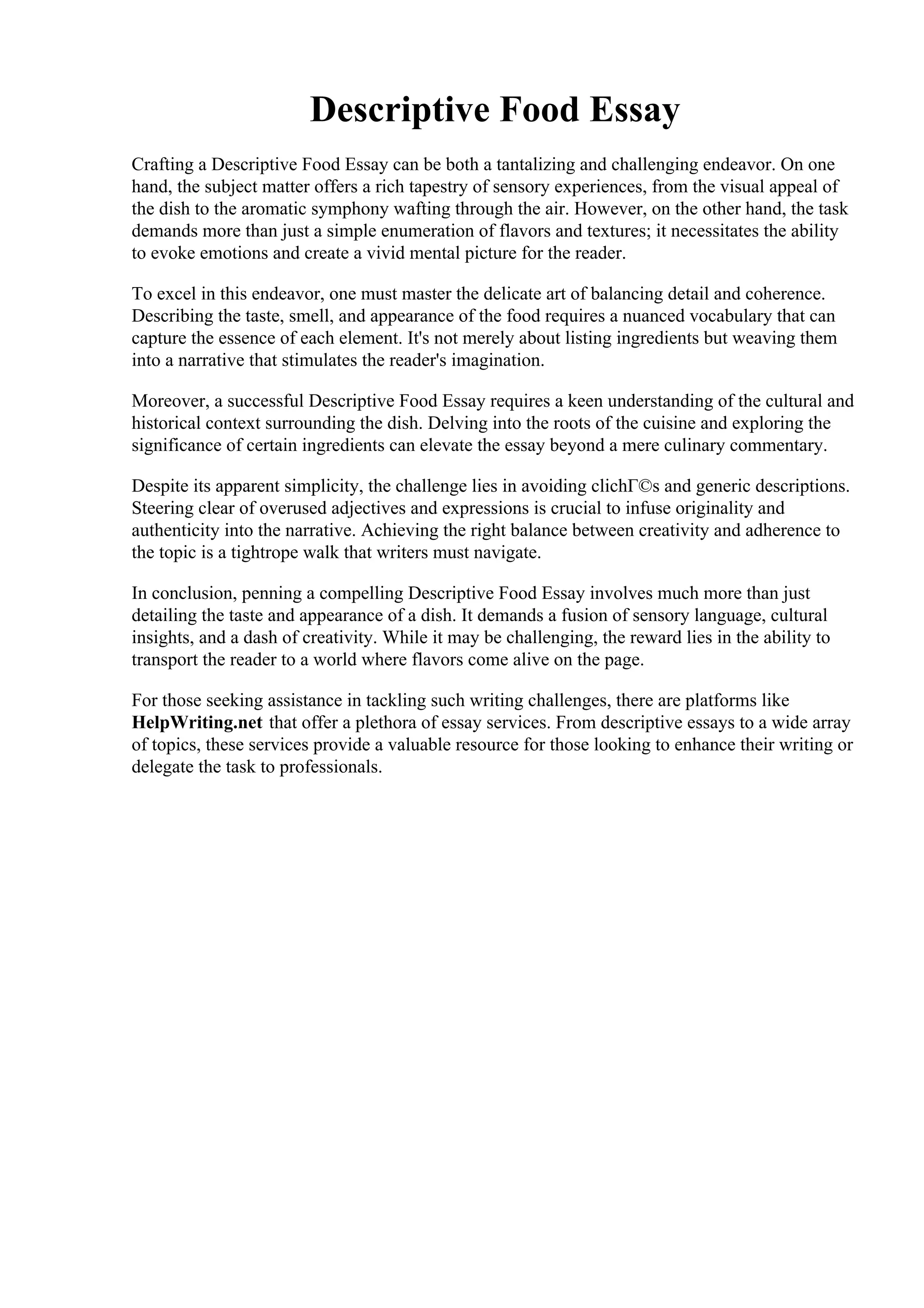 Descriptive Food Essay. descriptive writing on food | PDF