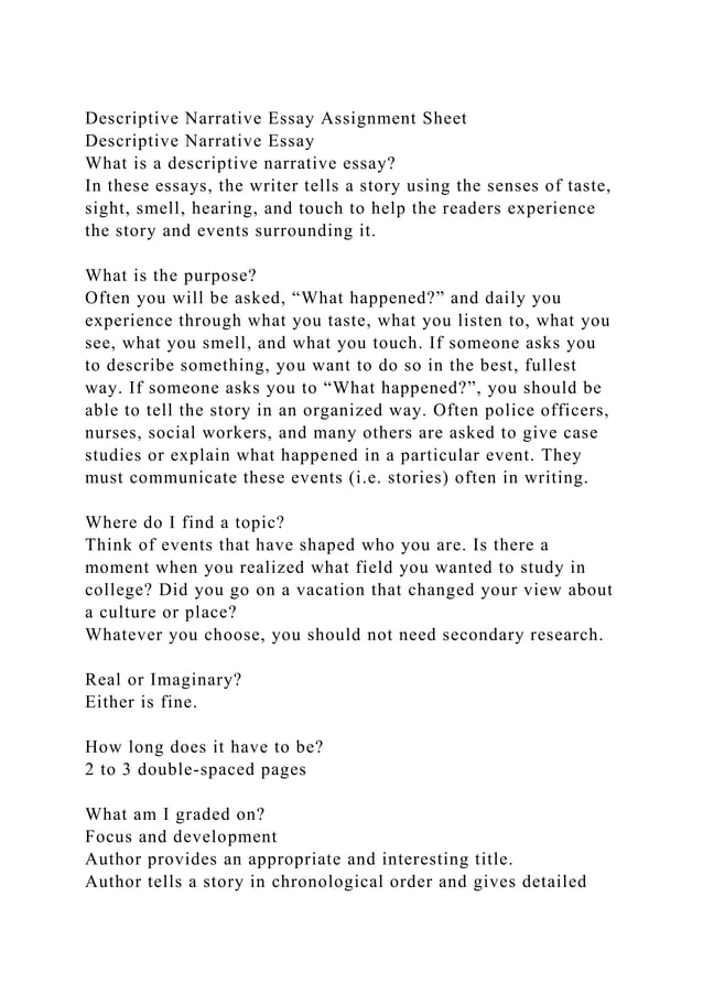 Descriptive Narrative Essay Assignment SheetDescriptive Narrative .docx ...