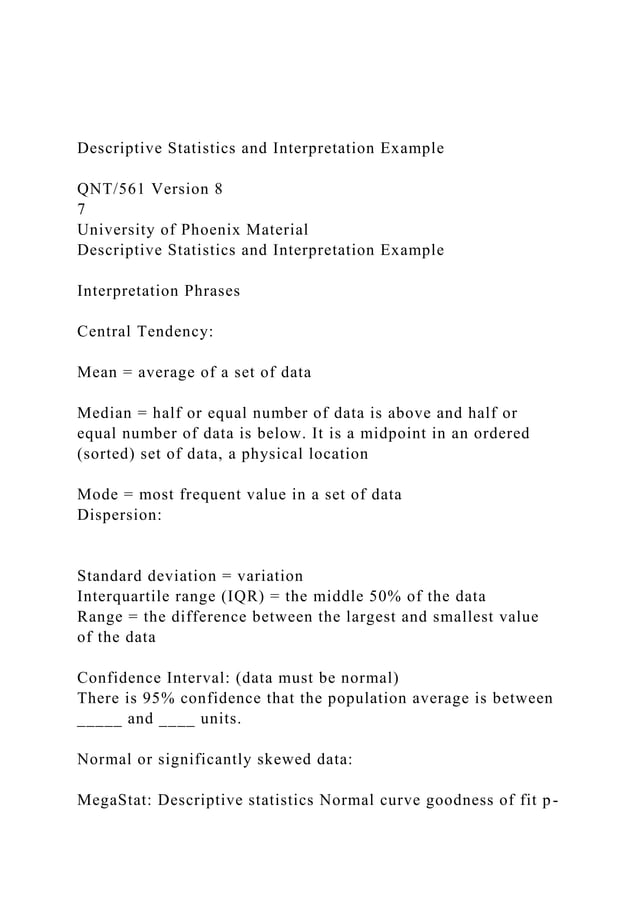 Descriptive Statistics and Interpretation ExampleQNT561 Ver.docx | Free ...