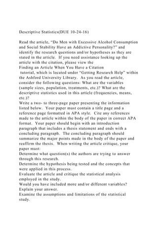 Descriptive Statistics(DUE 10-24-16)Read the article, Do Men .docx