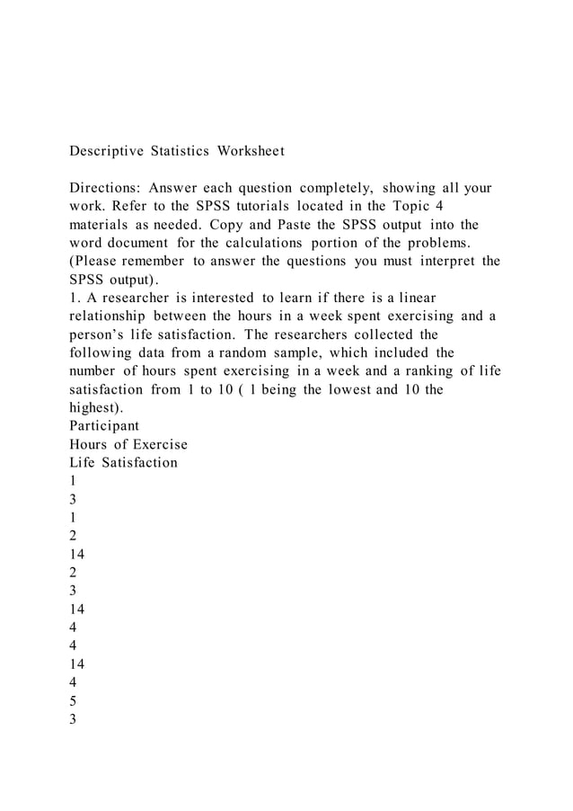 Descriptive statistics worksheet directions answer each qu | DOCX