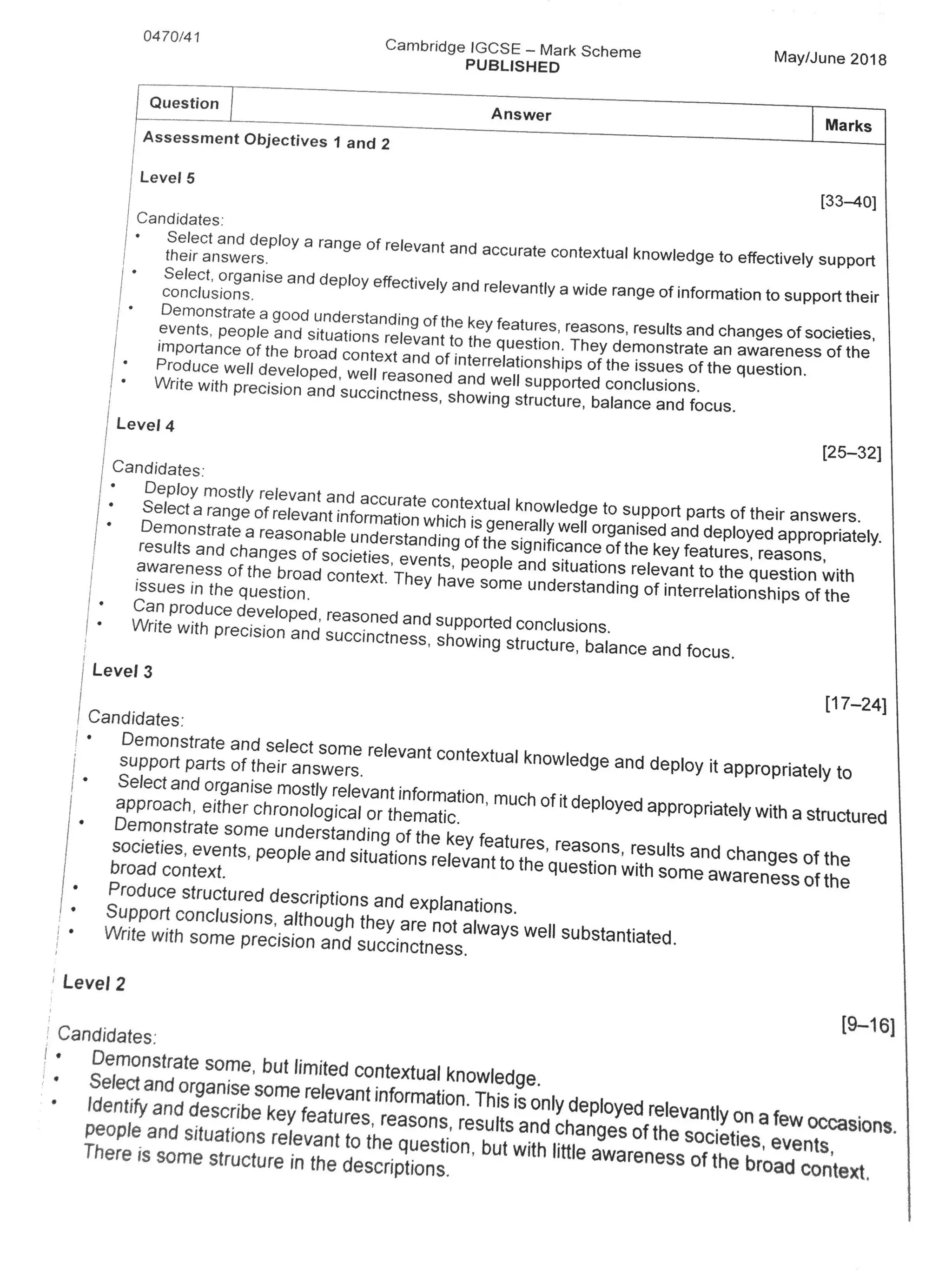 Descriptors - PAPER 4 History IGCSE | PDF