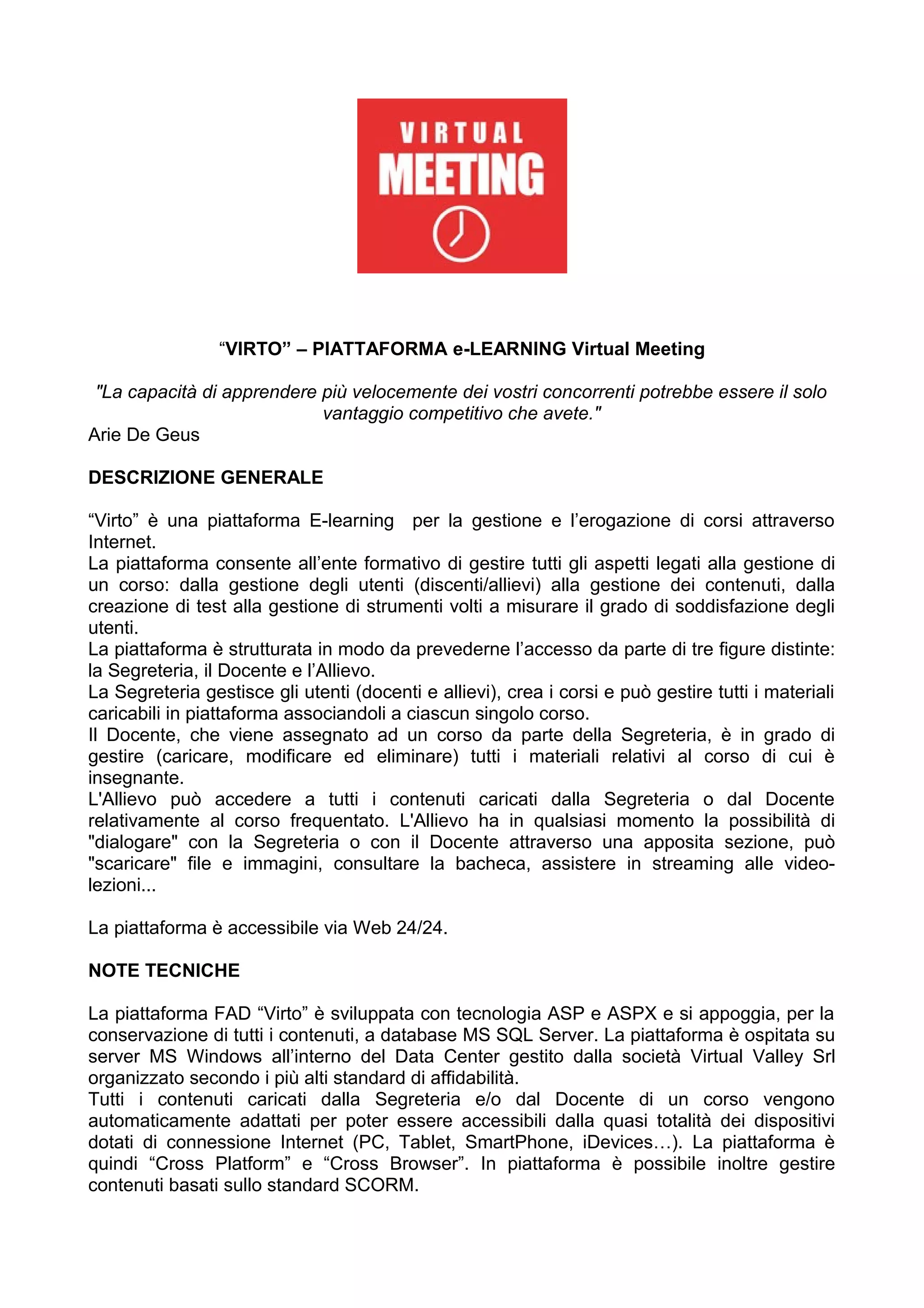 Descrizione struttura piattaforma E-learning virtualmeeting | PDF