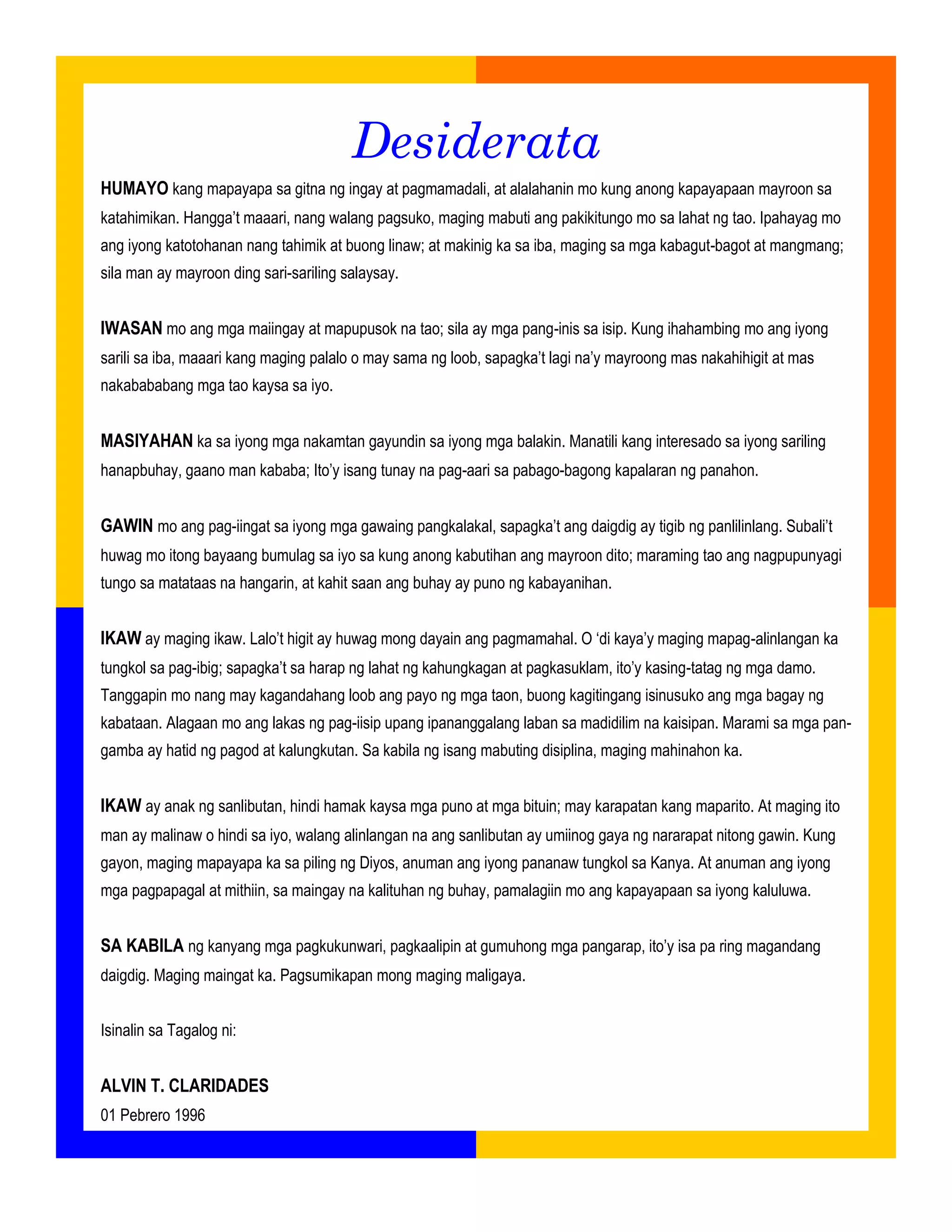 Desiderata (salin sa Tagalog ni Alvin T. Claridades) | PDF