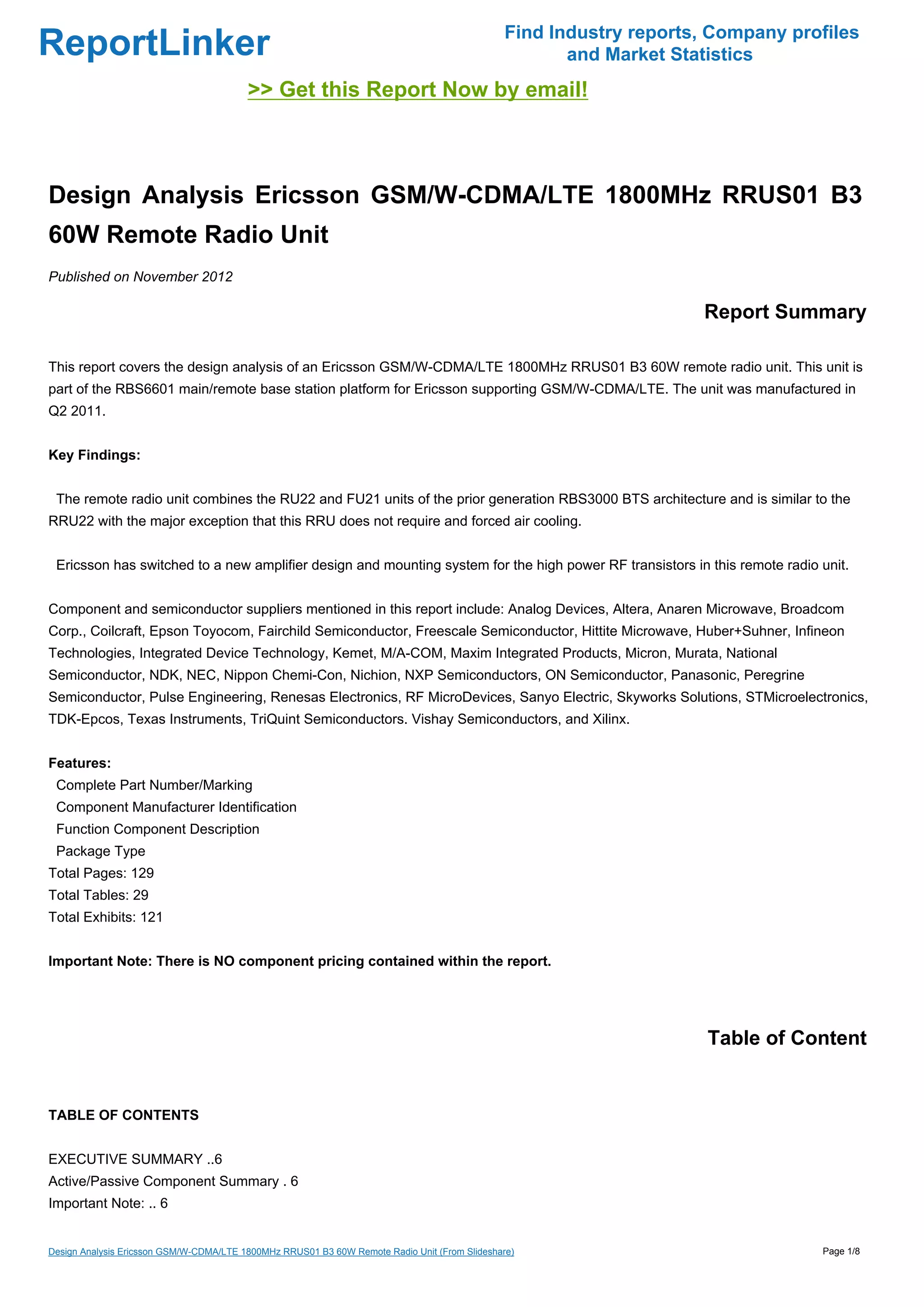 Design Analysis Ericsson GSM/W-CDMA/LTE 1800MHz RRUS01 B3 60W Remote ...