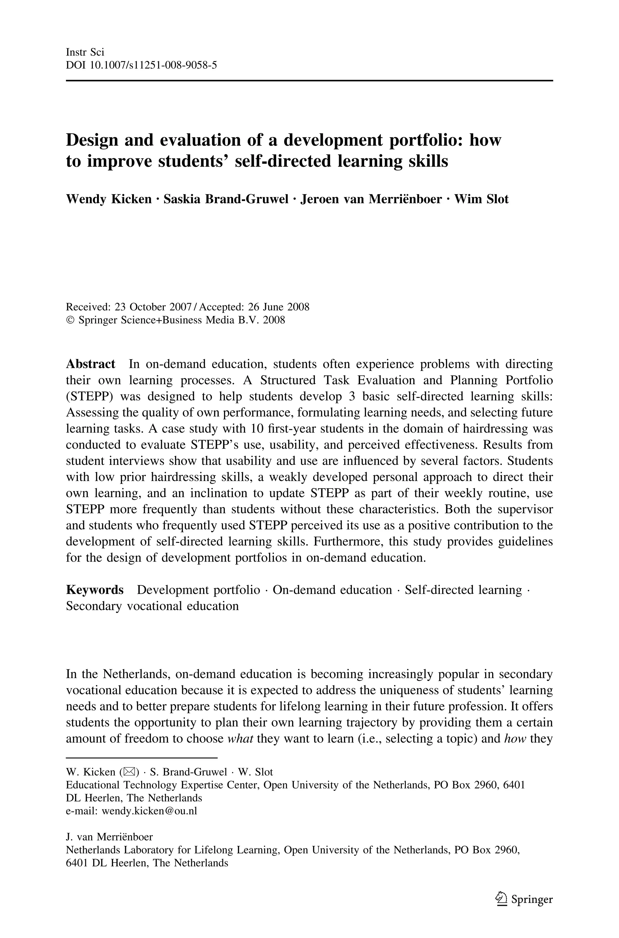 Design And Evaluation Of A Development Portfolio How To Improve Students Self Directed Learning ...